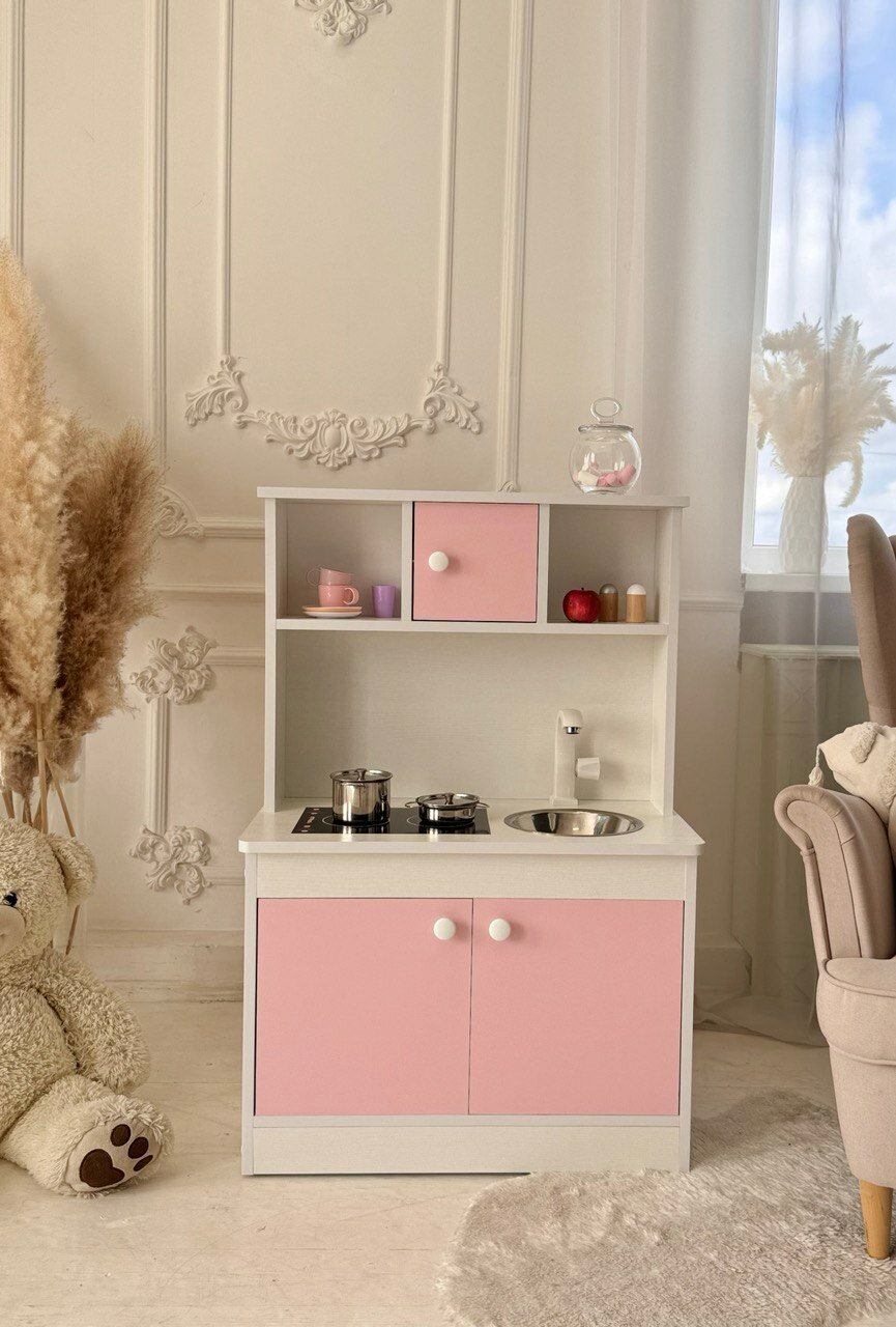 Кухня детская игровая Sitstep с фартуком, интерактивная плита, свет, звук, розовые фасады