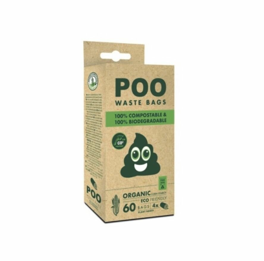 MPets пакеты биоразлагаемые Poo Waste Bags ECO для выгула собак / Мешки для уборки за животными / Биопакеты для собачьих отходов, без запаха, 60 шт.