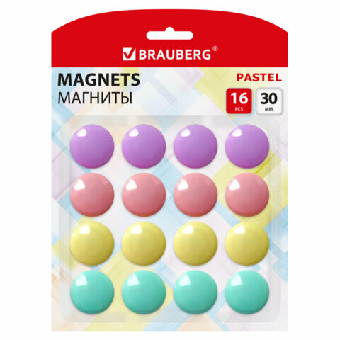 Магниты 30 мм, набор 16 шт, BRAUBERG PASTEL, блистер, 272519