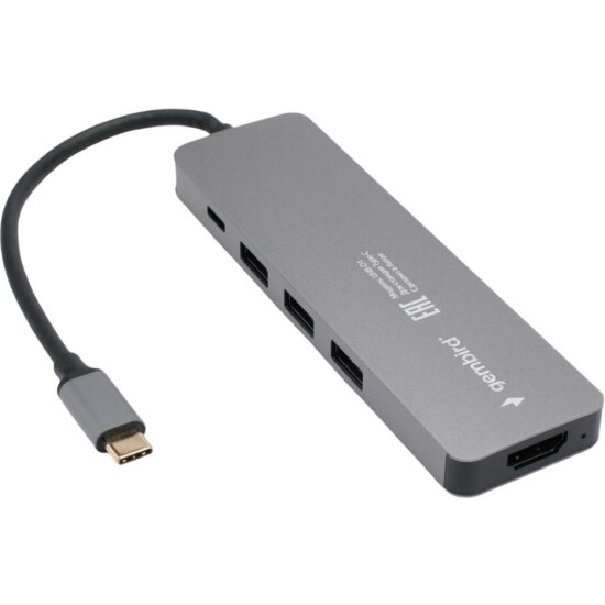 Док-станция Gembird Type-C 5в1: 3хUSB3.1, PD100W, HDMI, кабель 17см, алюминий
