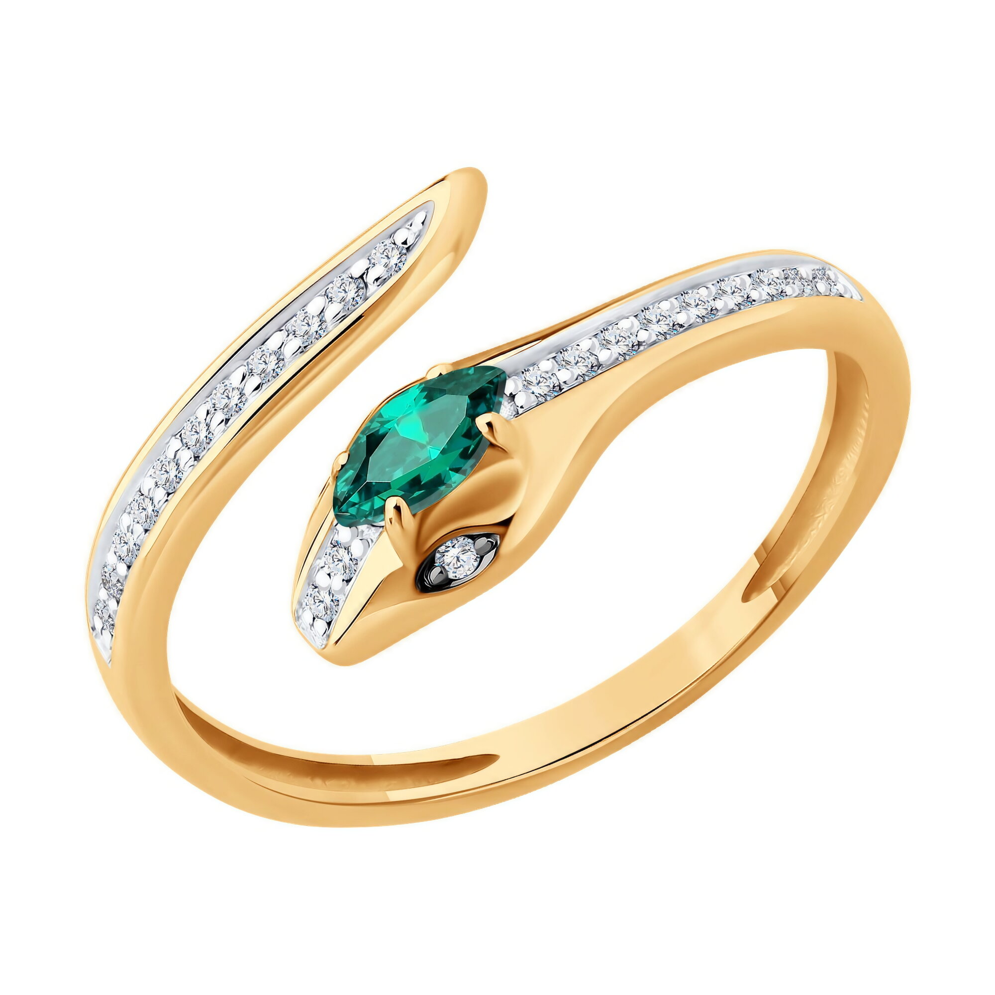 Кольцо, красное золото, 585 проба, изумруд синтетический, бриллиант