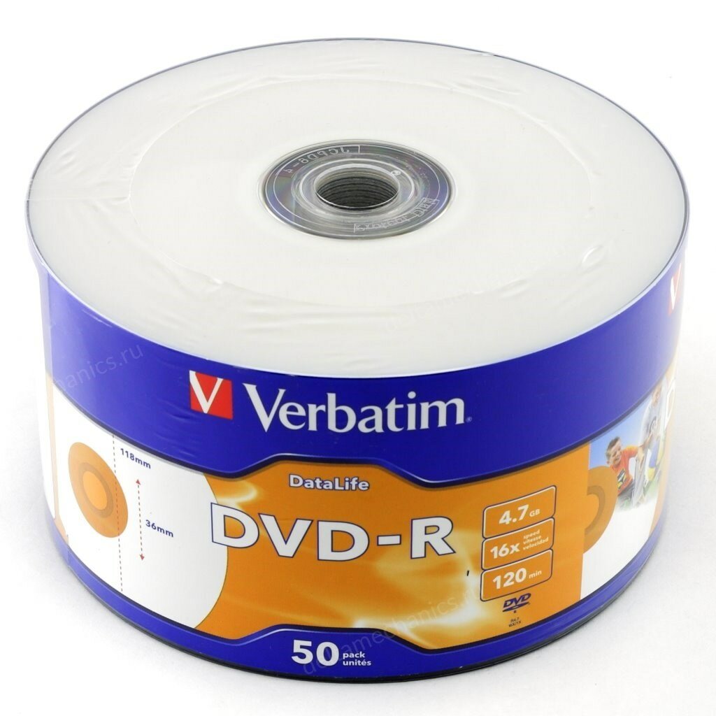 DVD-R 4.7GB Verbatim 16x, DataLife, printable (упаковка 50шт. в пленке) (43793)