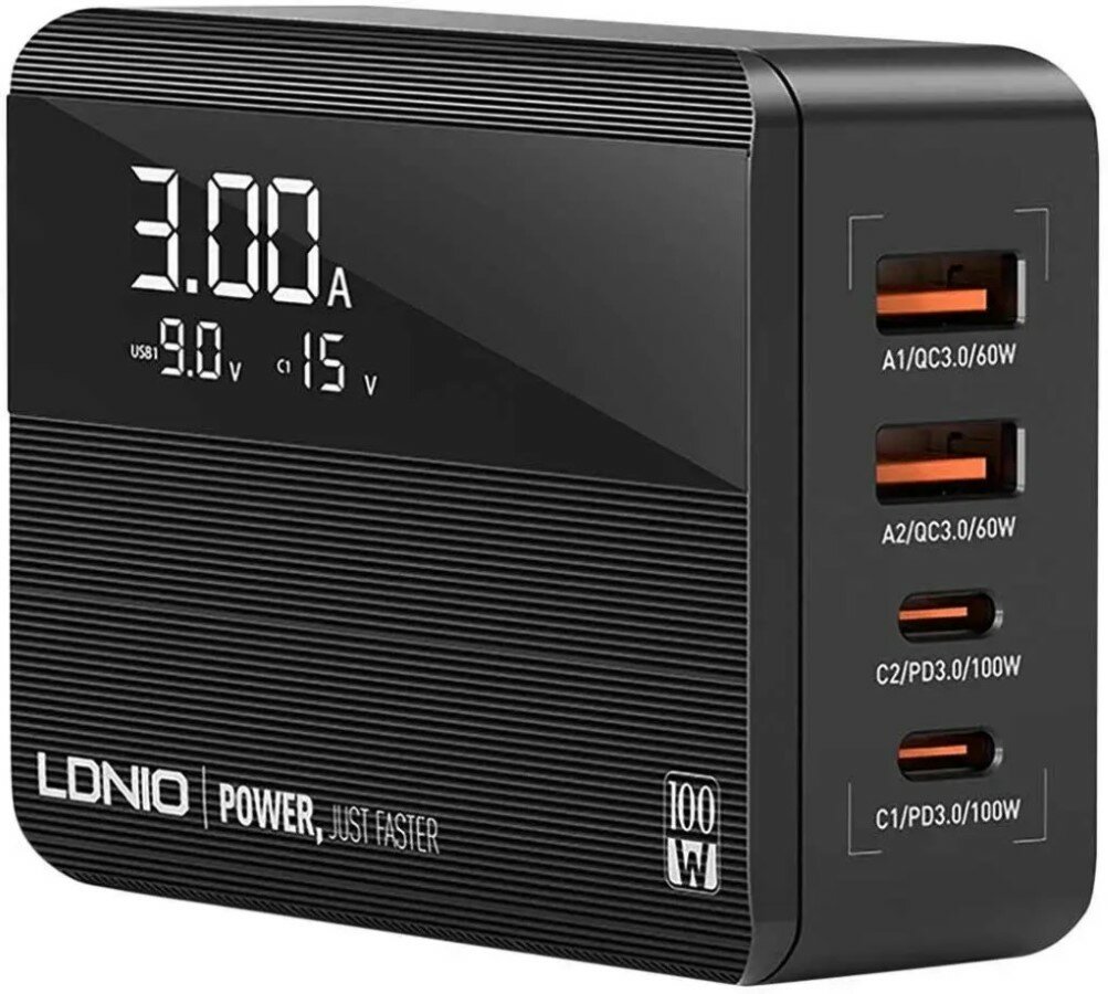 Зарядная станция LDNIO A4809C на 2*USB+2*USB Type-C, GaN + LED дисплей, PD+PPS+SCP+QC 4+, 3.3-20V, max 100W (220В)