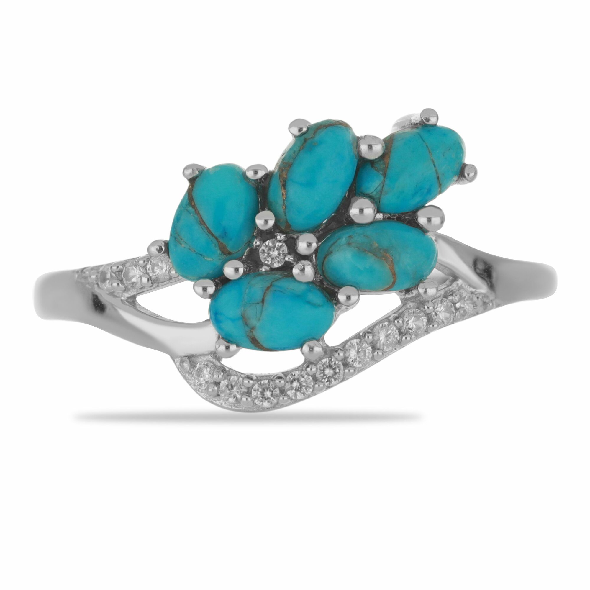 Кольцо, серебро, 925 проба, родирование, бирюза, циркон