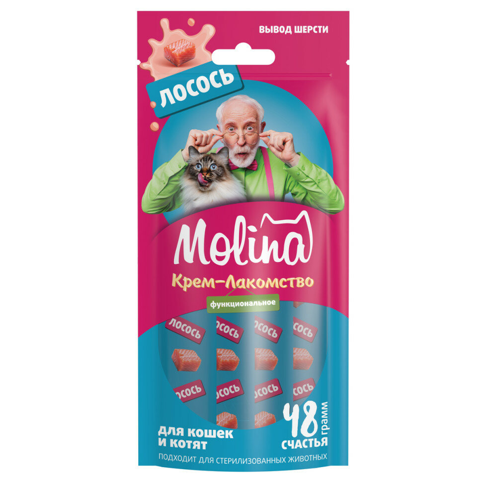 Лакомство Molina Creamy Treats, AntiHairball, функциональное, крем, лосось, для кошек, 48г