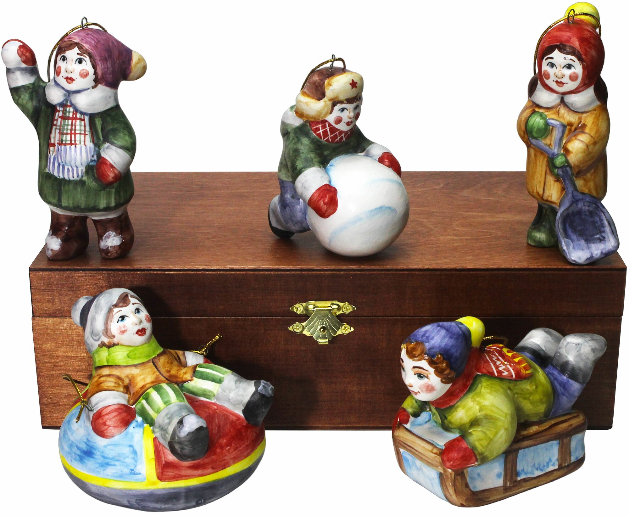 "Дети 5 штук" в деревяной коробке Набор керамических елочных игрушек украшений коллекция ретро (майолика)
