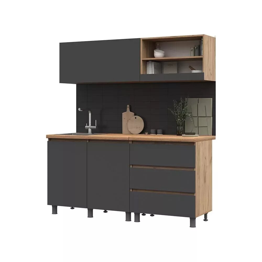 Кухня «Хелен» 1,7 шариковые направляющие, ЛДСП, серый графит/дуб крафт золото (1700)