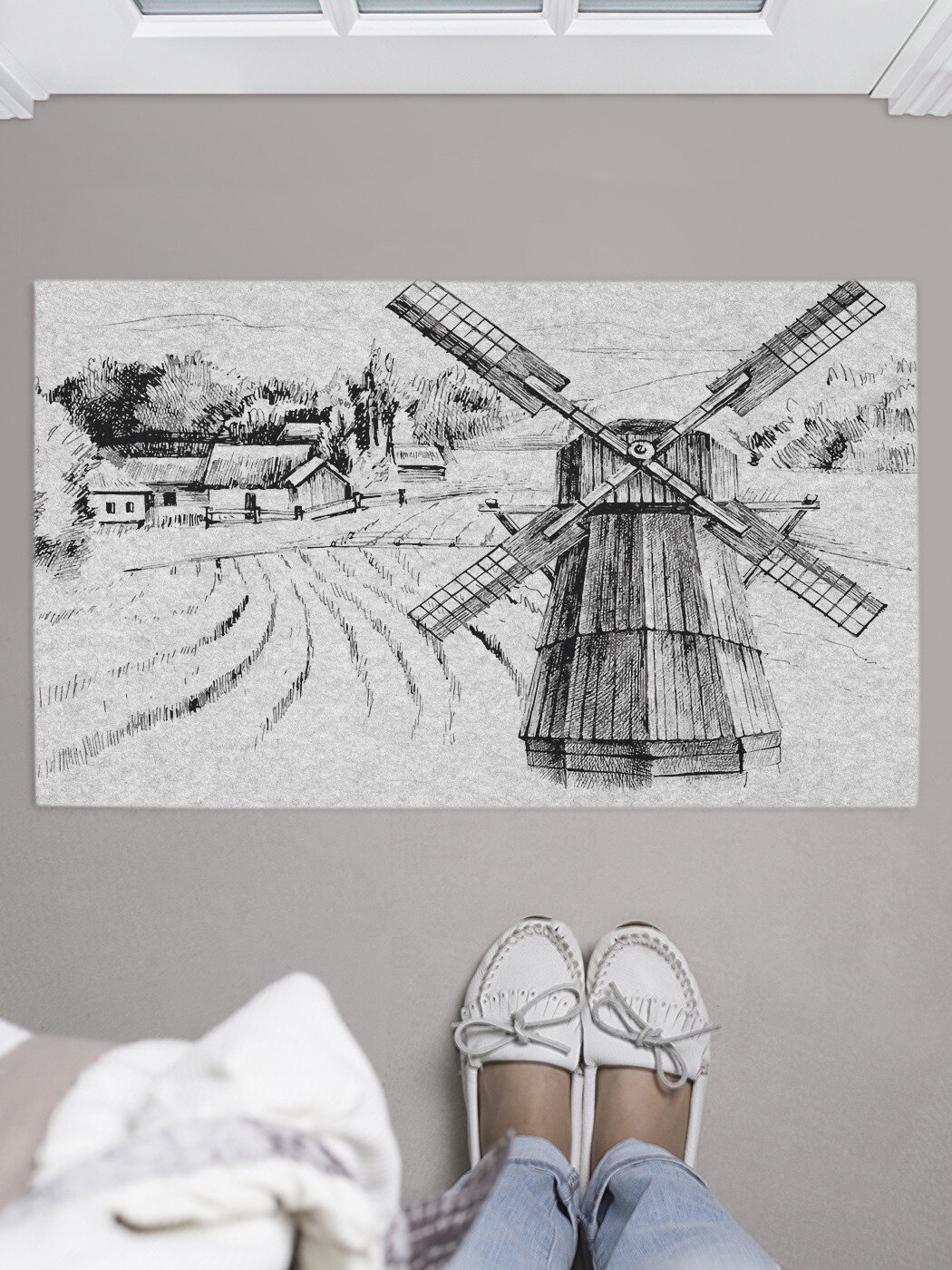 Коврик придверный в прихожую с принтом "Старинная ветряная мельница" 45 на 75 см , JoyArty
