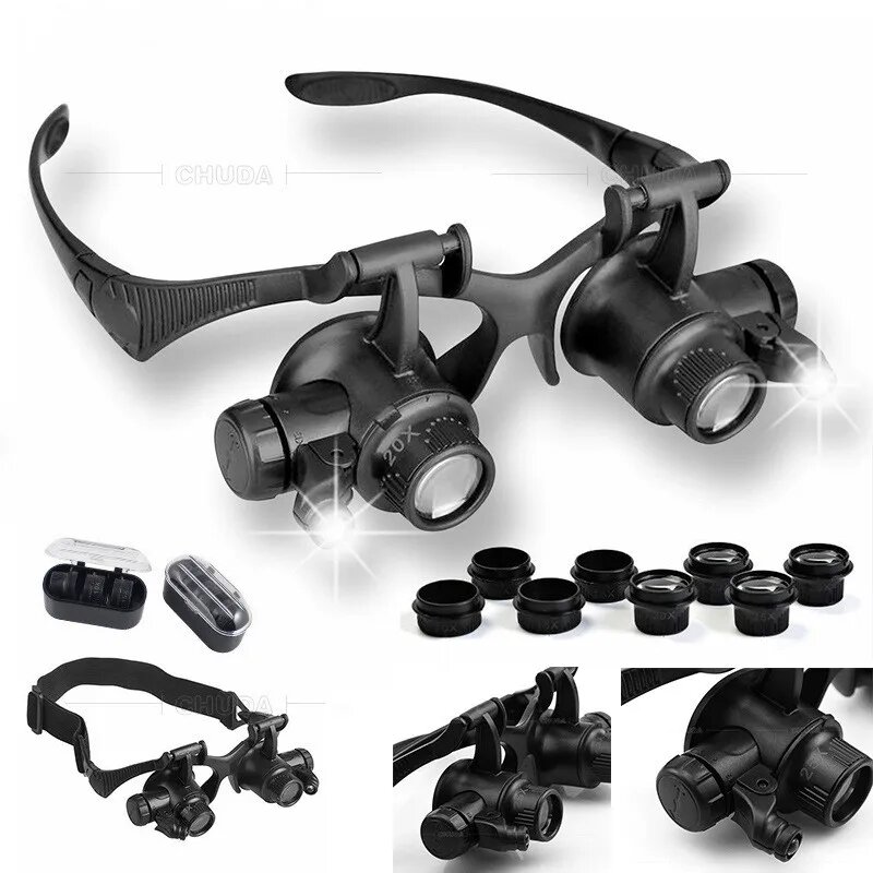 Черная лупа для часов с высоким зумом, повязка на голову, очки, увеличительные очки, 2, лупа со светодиодной подсветкой, очки для ремонта часов