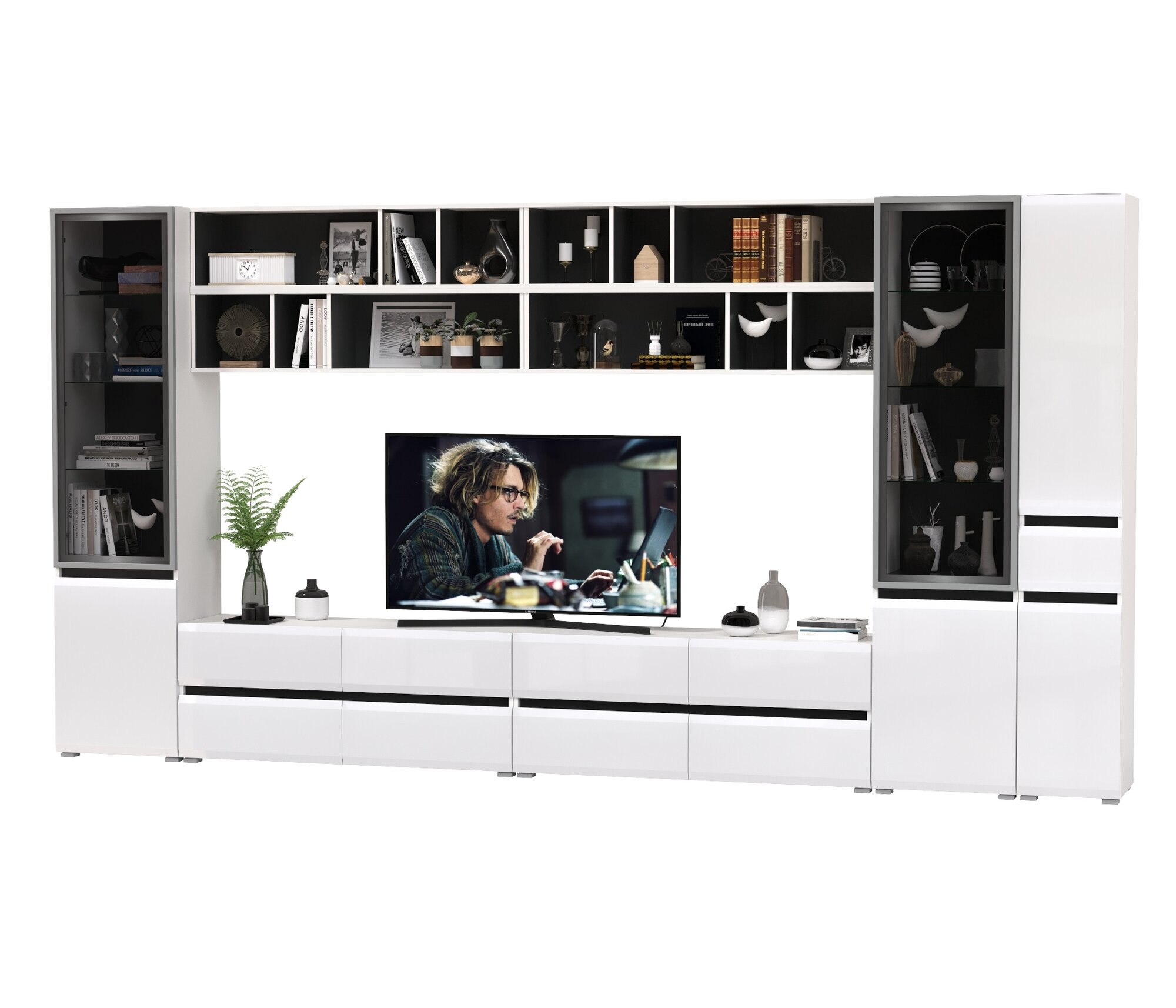 Модульная стенка Моби Сидней № 89, цвет белый/чёрный/МДФ белый глянец, 395х41,3х205,2 см.
