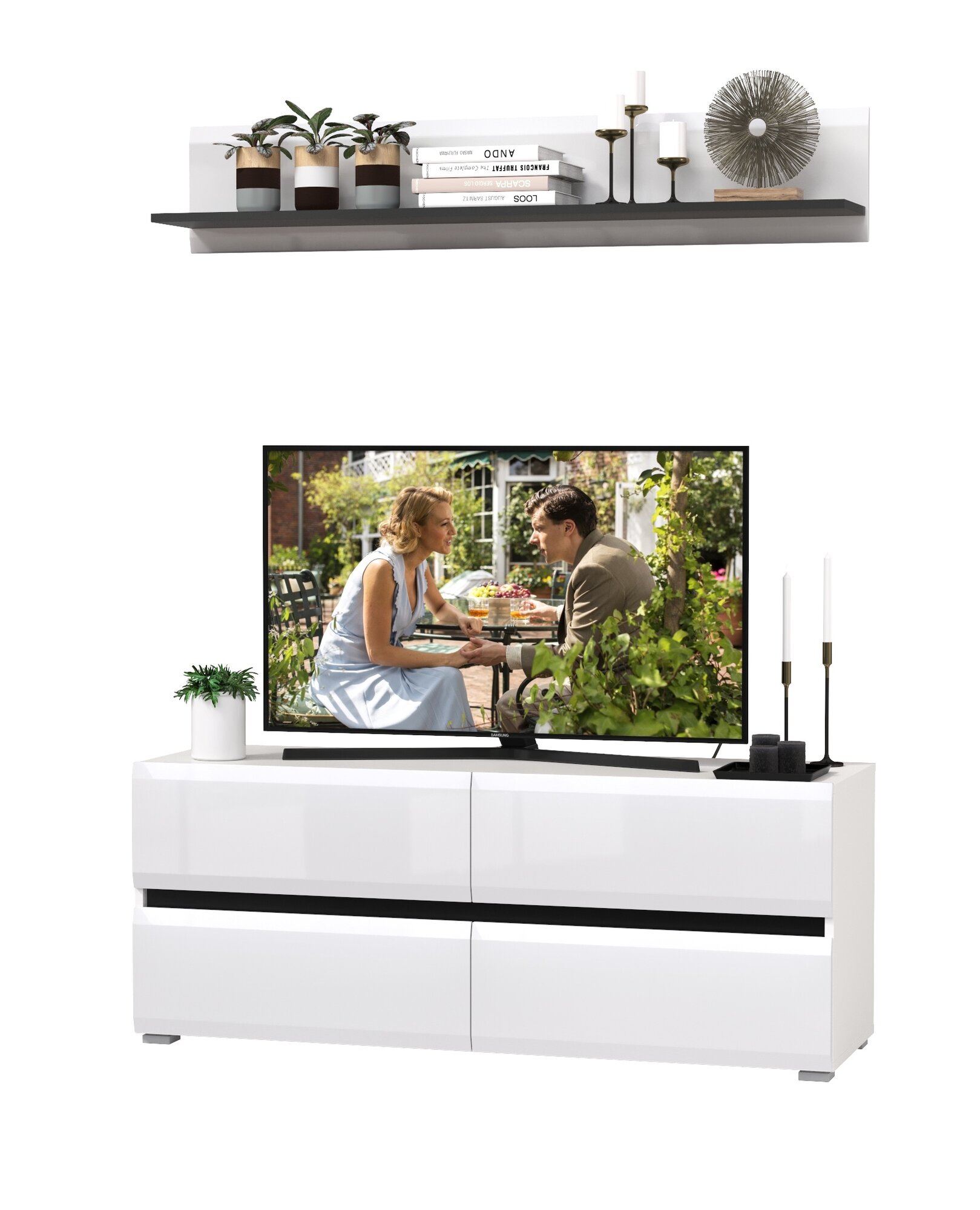 ТВ-тумба с открытой полочкой Сидней, цвет белый/чёрный/МДФ белый глянец, 130х41,3х185 см