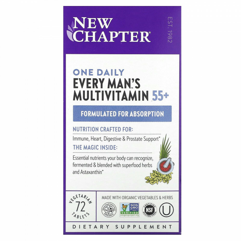 New Chapter, Every Man's One Daily, мультивитамины для 55+, 72 вегетарианские таблетки