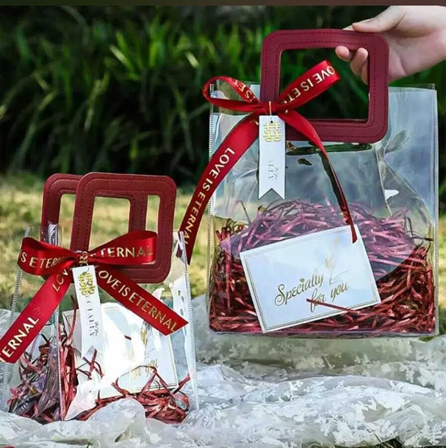 Подарочный пакет, 20х18х10 см, 5 штук, прозрачный, ручки из бордовой искусственной кожи,