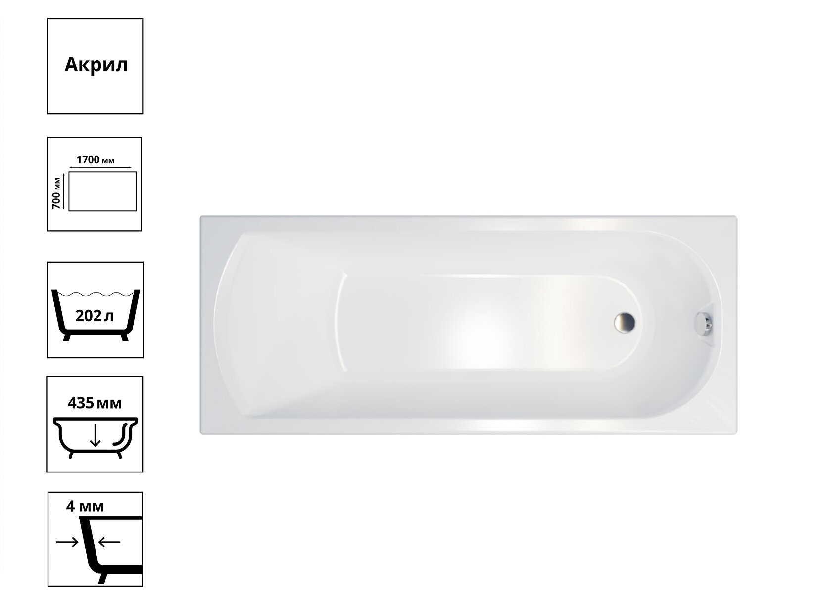 Ванна Triton Дюна 170 см, обрезанная, каркас и экран в комплекте