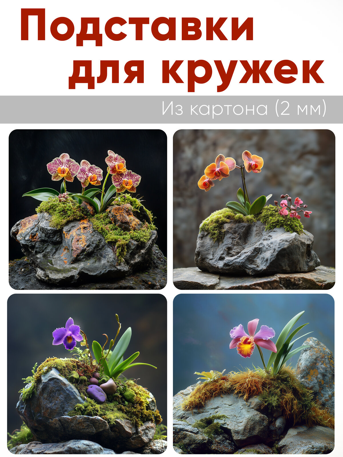 Подставки для кружек Орхидеи , 4 шт (10 х 10 см), картон