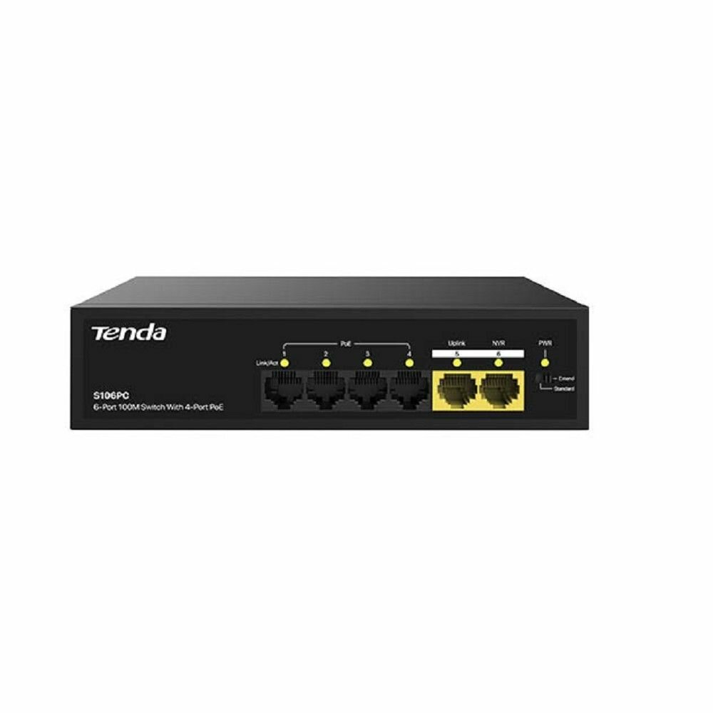 Tenda Коммутатор S106PC, неуправляемый 2xRJ45 и 4xRJ45+PoE 100Мбит с до 55Вт