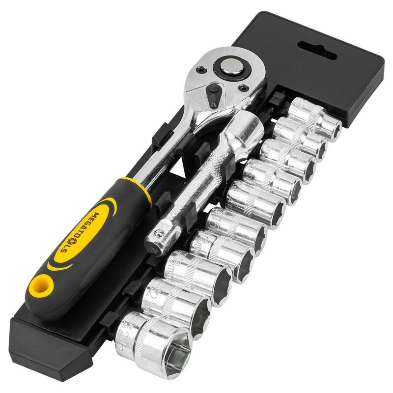 Набор головок с трещоткой и удлинителем 12 предметов 1/2' (6-гранные), в пластиковом держателе MEGATOOLS