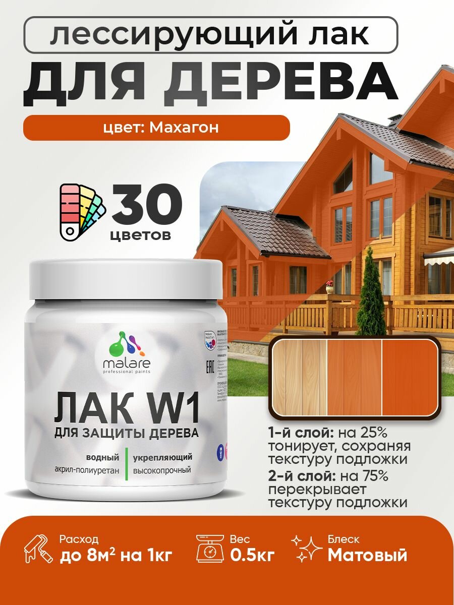 Лак колерованный тонирующий для дерева Malare W1 для деревянных и минеральных поверхностей, моющийся без запаха быстросохнущий, матовый, махагон, 0.5 кг.
