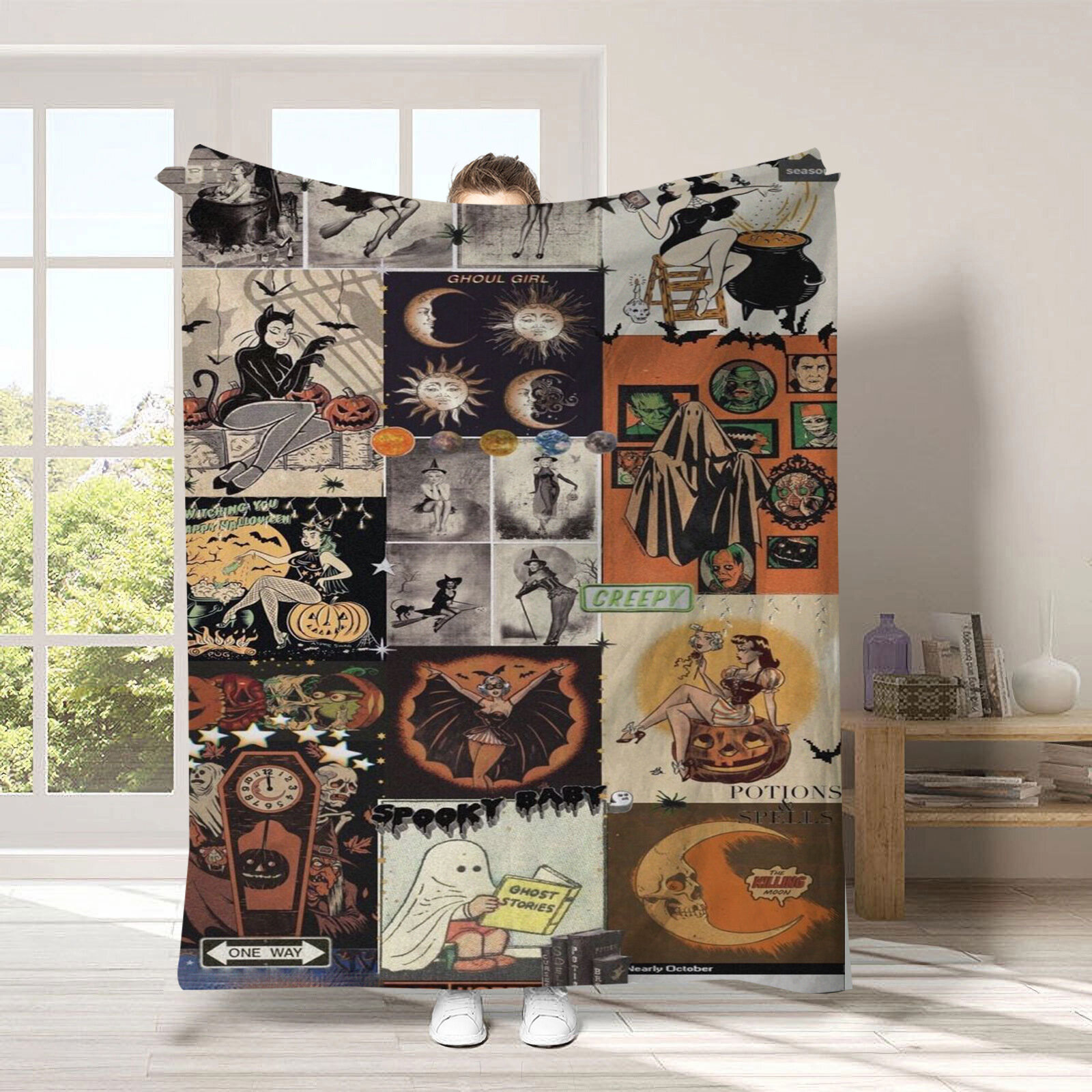 2026 Новейшее кросс-бордерное декоративное одеяло Amazon на Хэллоуин, фланелевое одеяло, винтажное одеяло с летучей мышью, тыквенный и черный кот