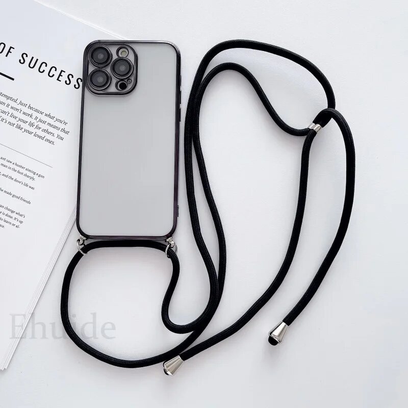 Чехол с ремешком через плечо для iPhone 17, 16, 14, 13, 12, 11, 15 Pro Max XS X Plus, прозрачный защитный чехол для камеры, мягкий противоударный чехол черный, for iPhone 14 Pro