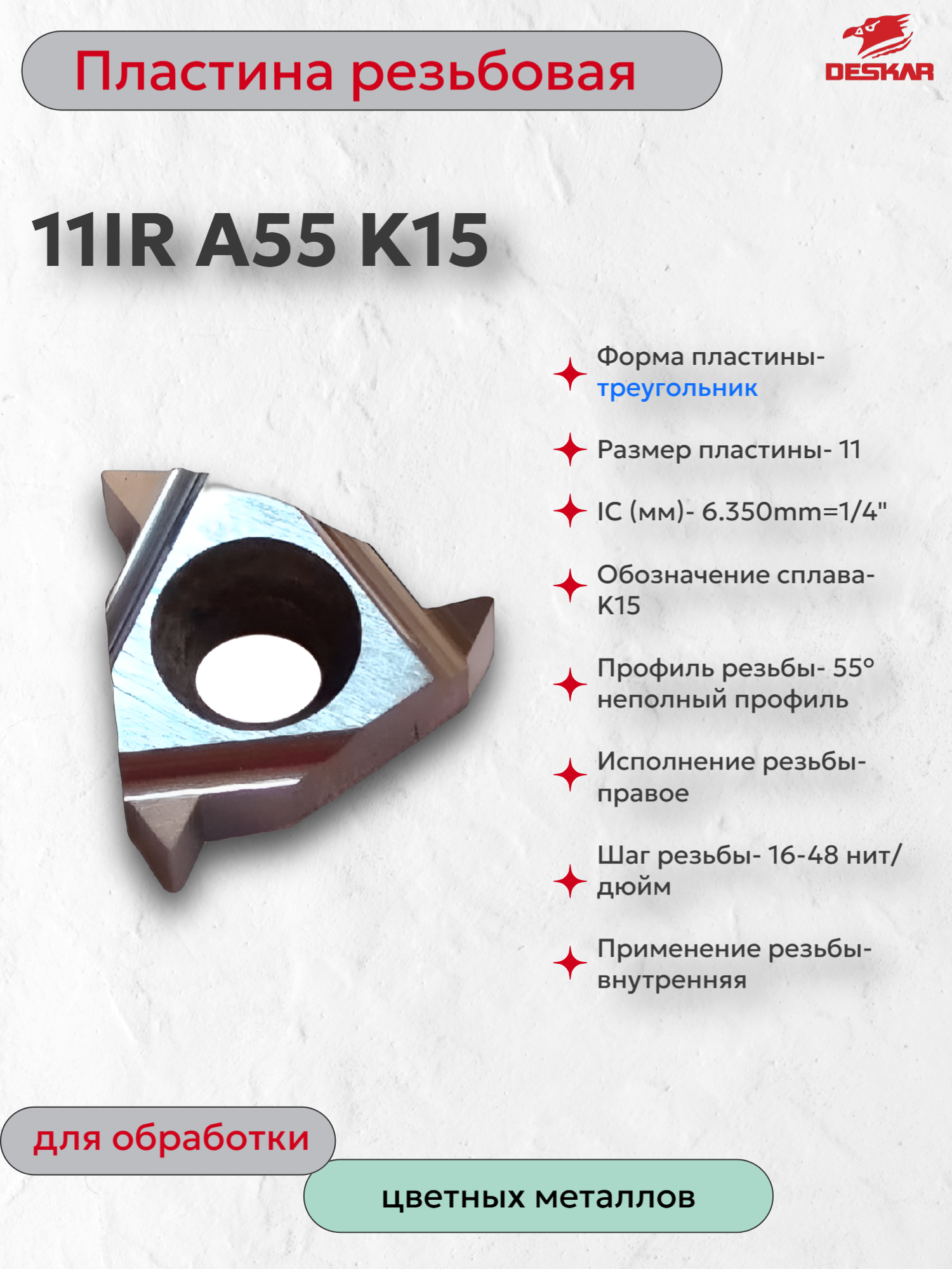 11IR A55 K15 пластина резьбовая (в упаковке 10 шт) DESKAR 00-00021138