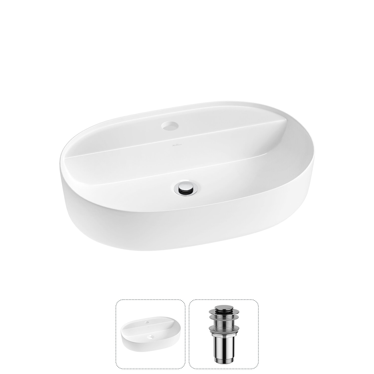 Накладная раковина в ванную комнату Wellsee Chic Riviera 20214831R в наборе 2 в 1: раковина 60 см в цвете белый глянец, донный клапан