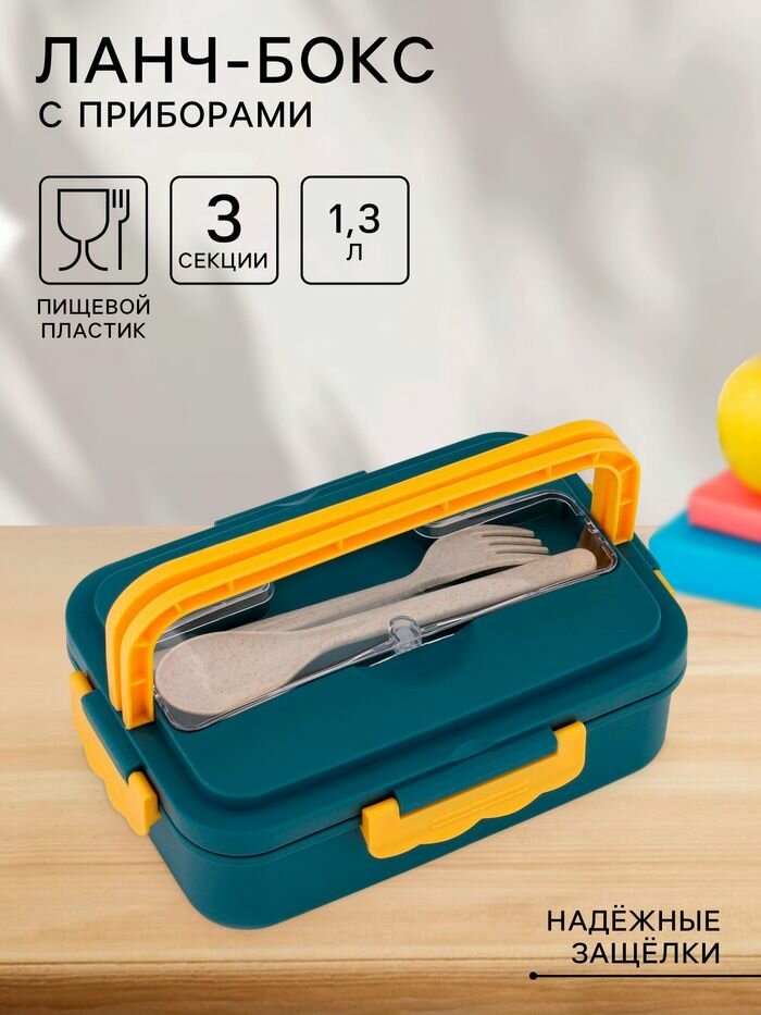 Ланч-бокс Take it easy круглый, 1300 мл, с приборами, 12х8,6х20 см, бирюзовый (7427707)