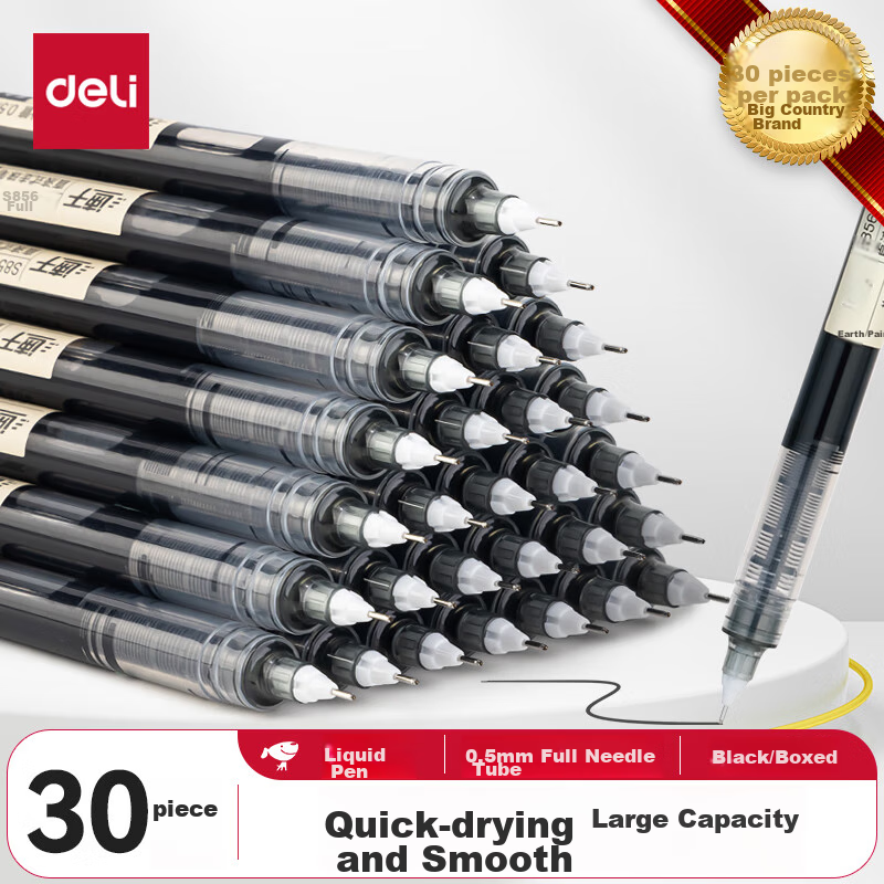 [Back to School Essential] Deli Quick-Drying Rollerball Pen, 0.5mm Full Needle Tube, Student Gel Pen, Office Pen, Direct Liquid Ballpoint Pen, Black, 30 Pens/Box, 33788