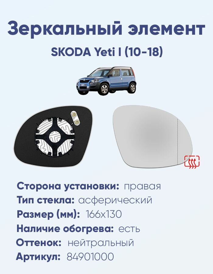 Зеркальный элемент правый SKODA Yeti I (10-18) асферика нейтральный с обогревом
