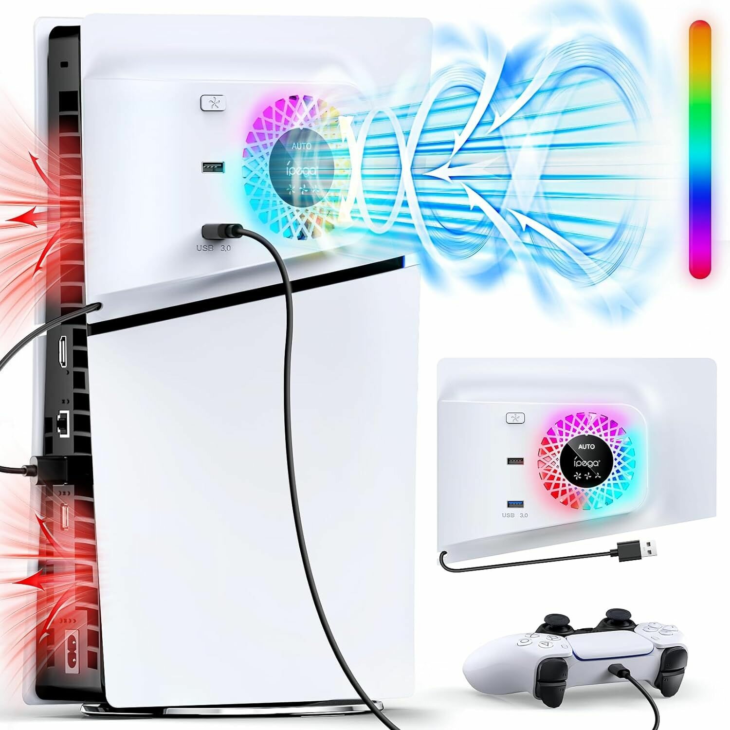 Охлаждающий вентилятор RGB с крышкой для PS5 Slim Digital / Disc, автоматическая регулировка скорости с помощью датчика температуры, 3 скорости вращения вентилятора вручную и концентраторы USB3.0