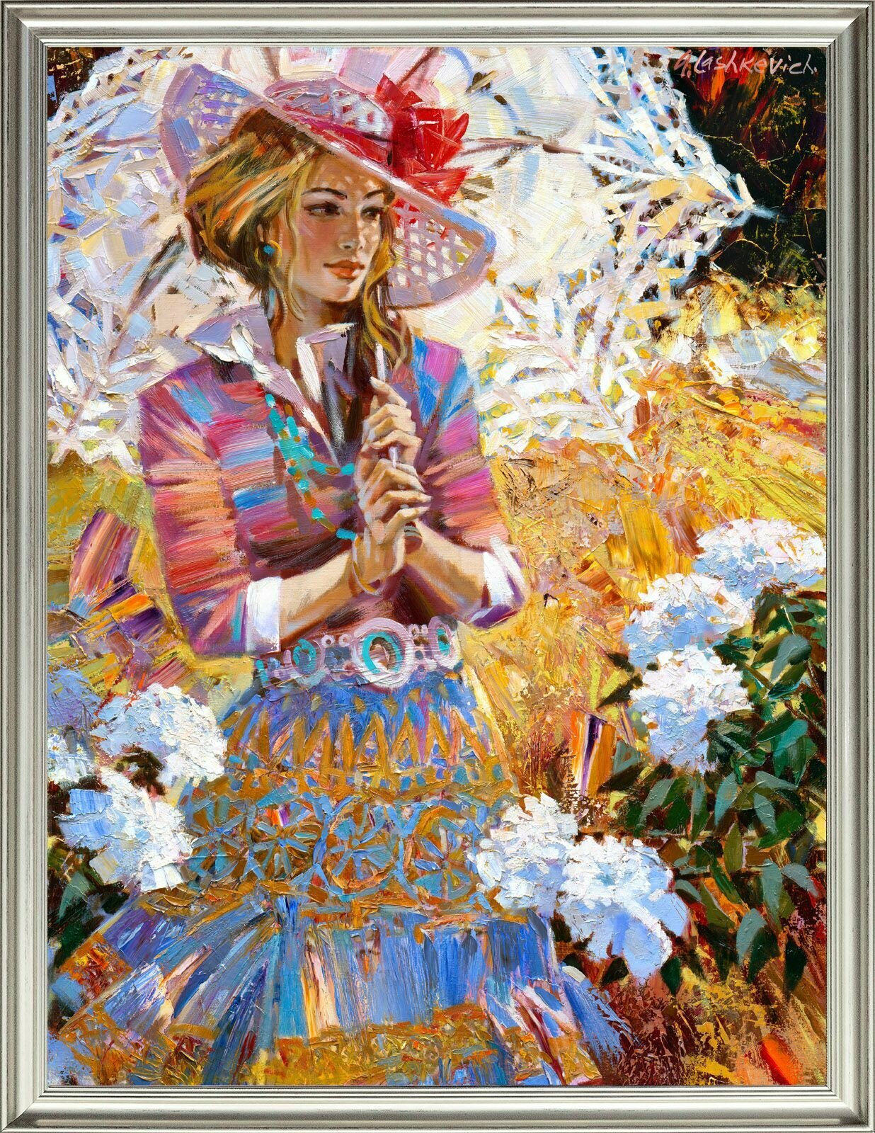 Картина на холсте "Девушка с ажурным зонтиком" 80х60 см, художник - Лашкевич А. Холст на деревянном подрамнике, оформлена в багет, Арт. ЛА-х1