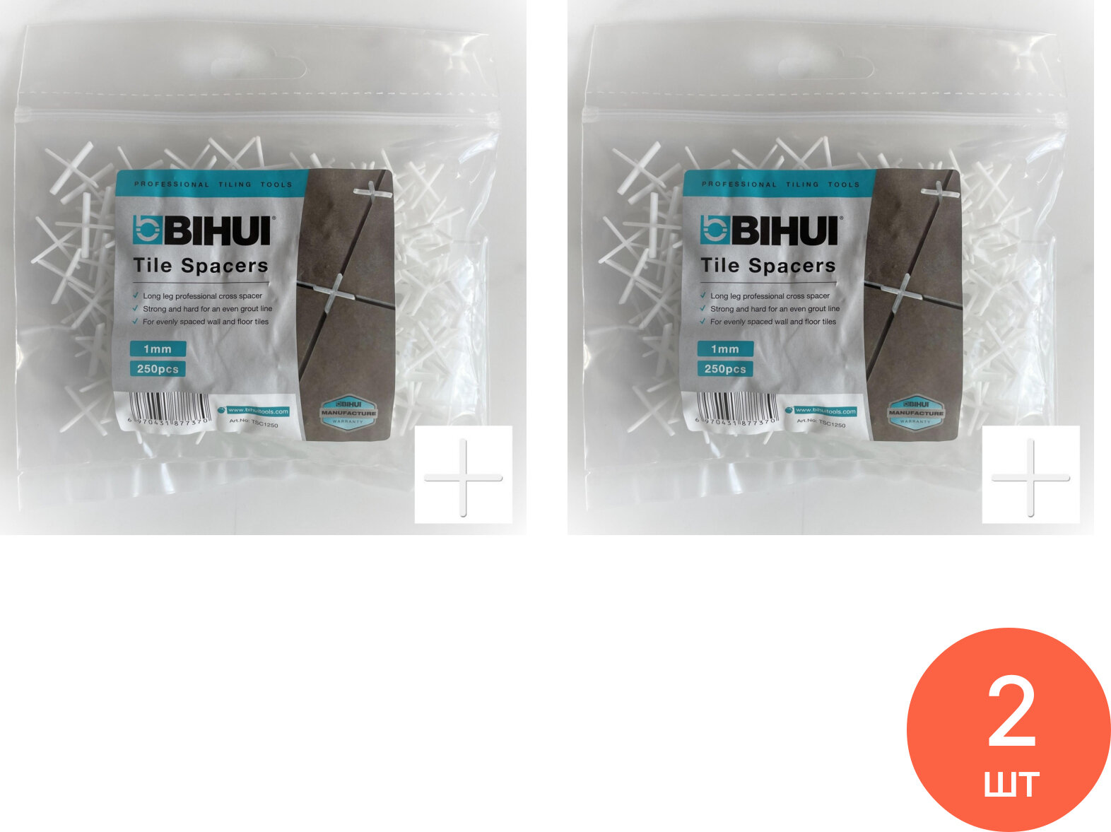 Крестики BIHUI / Бихуи для кафельной плитки профессиональные длинные, пластиковые, белые, 1мм, 250шт. в упаковке / крепеж (комплект из 2 шт)