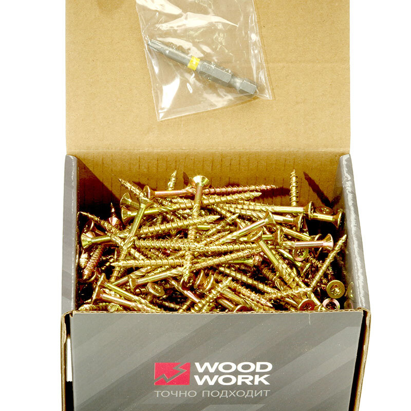 Шурупы стальные конструкционные 4,0 x 70 х 40 мм - набор 200 штук в комплекте с битой Т20. Цинковое покрытие. Картонная коробка Woodwork