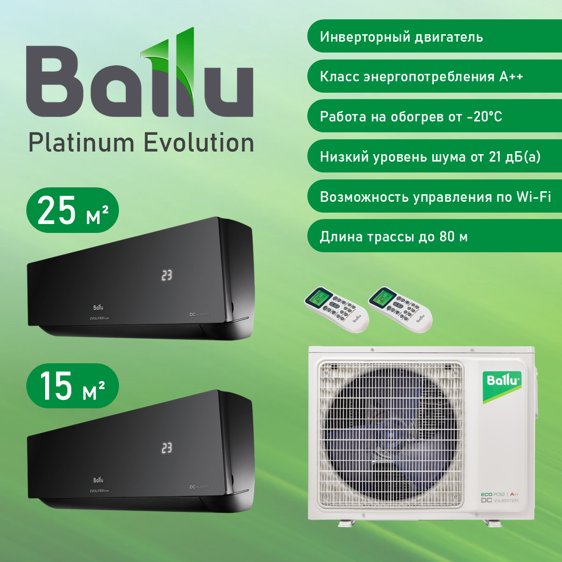 Мульти сплит система Ballu Platinum Evolution DC inverter на 2 комнаты 15 и 25 м2, 5 кВт, А++, черный кондиционер
