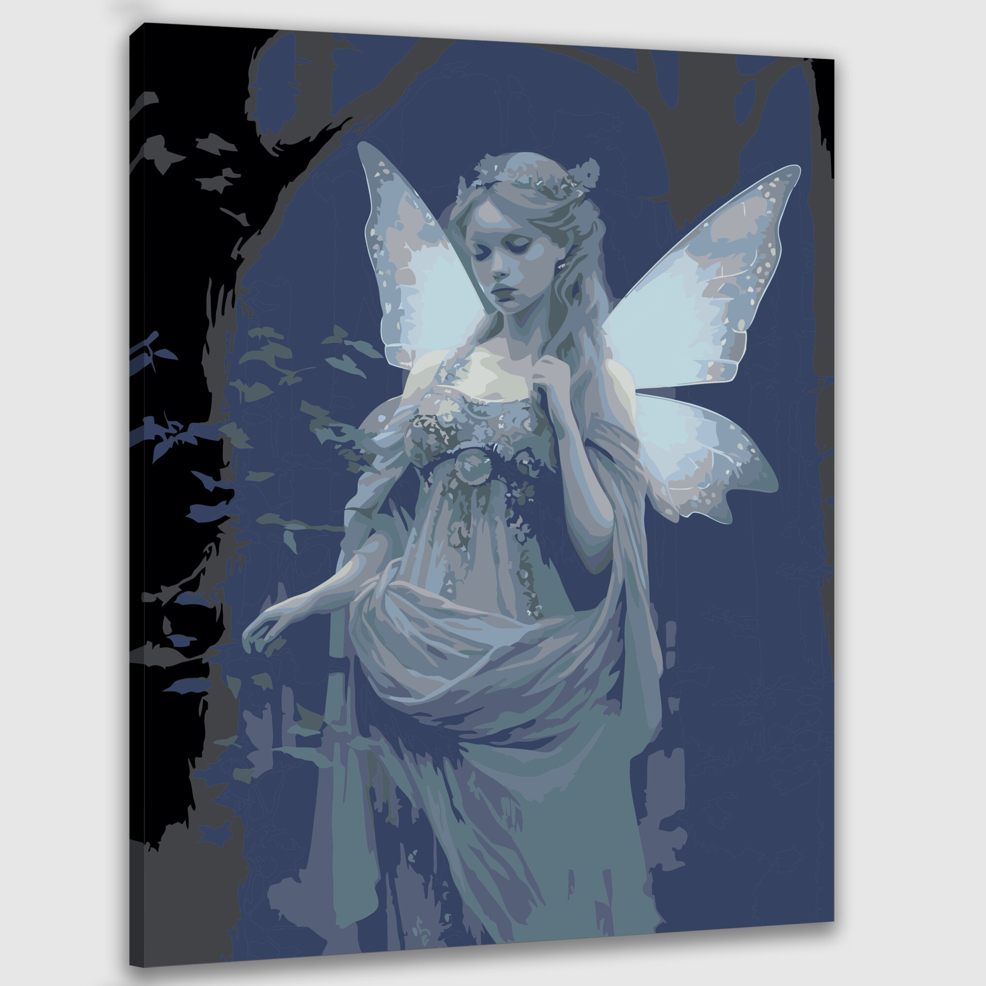Картина по номерам 40x50 см, графитовый рисунок, мистическая фея, воздушные крылья, изящная фигурка, цветочные узоры