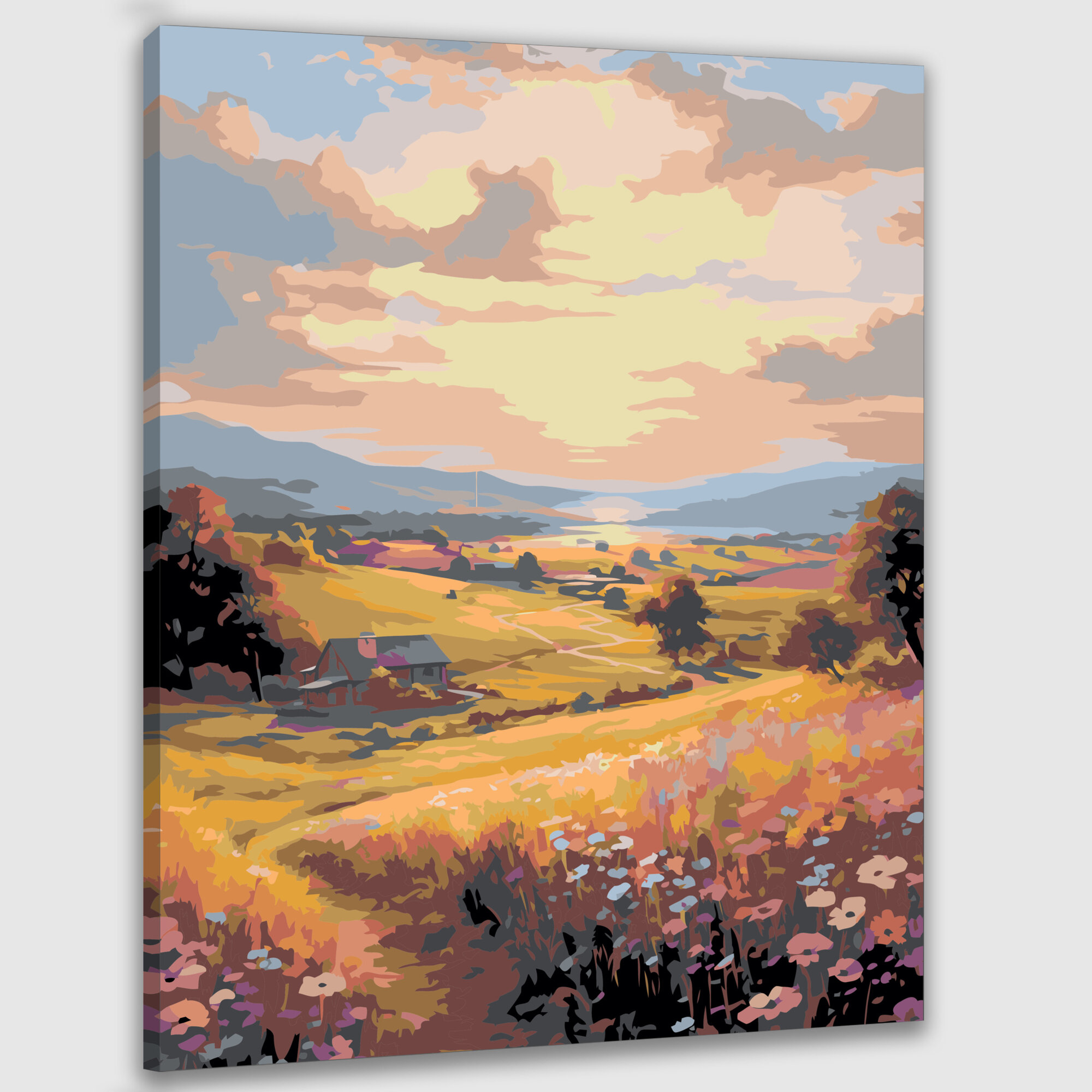 Картина по номерам 40x50 см, картина маслом, сельская местность, свет заходящего солнца, холмы, полевые цветы