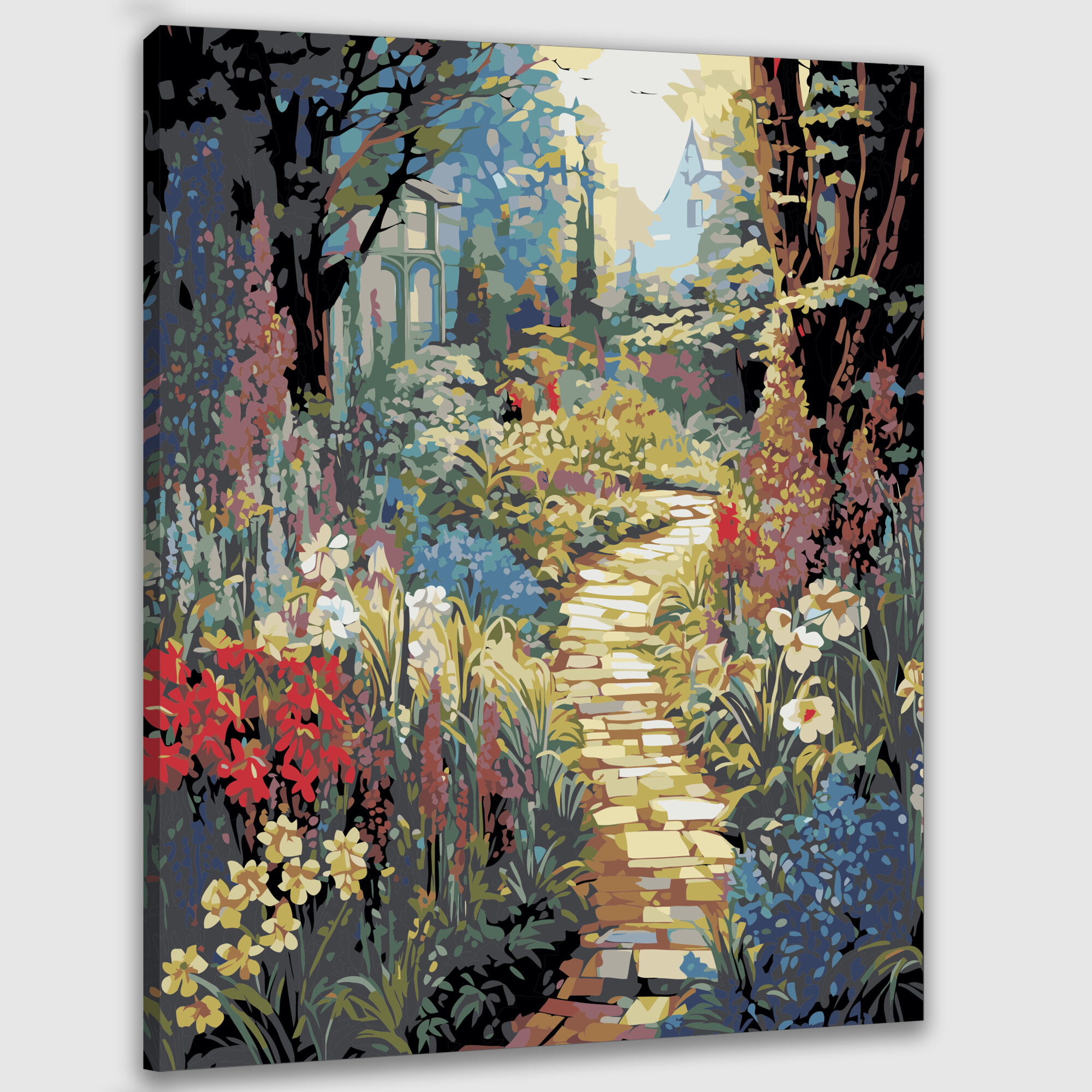Картина по номерам 40x50 см, фотография, весенний сад, мозаика, клумбы, дорожки, яркие цвета, смешение цветов, гобелен