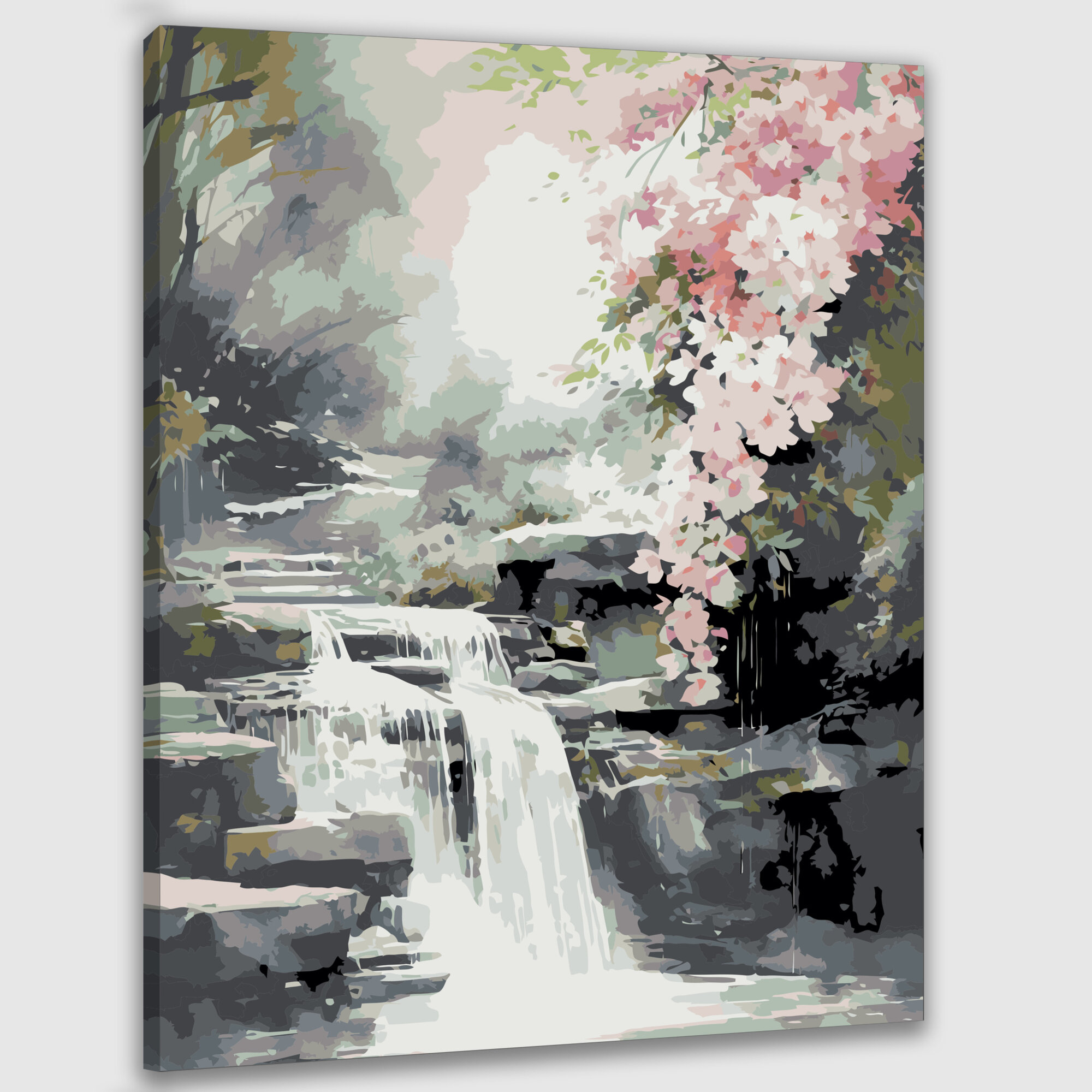 Картина по номерам 40x50 см, акварель, весна, каскад, мазки кисти, вода, цветочные соцветия, свет и тени, природа