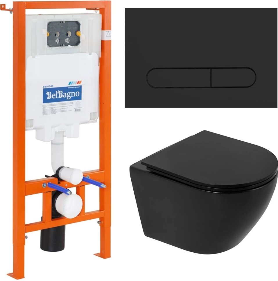 Комплект инсталляция с унитазом BelBagno Prospero BB062CHR-MB/BB062SC-MB/BB002-80/BB007-PR-NERO. M с кнопкой смыва, черный матовый + унитаз подвесной BelBagno Colorato безободковый, с сиденьем микролифт, черный матовый