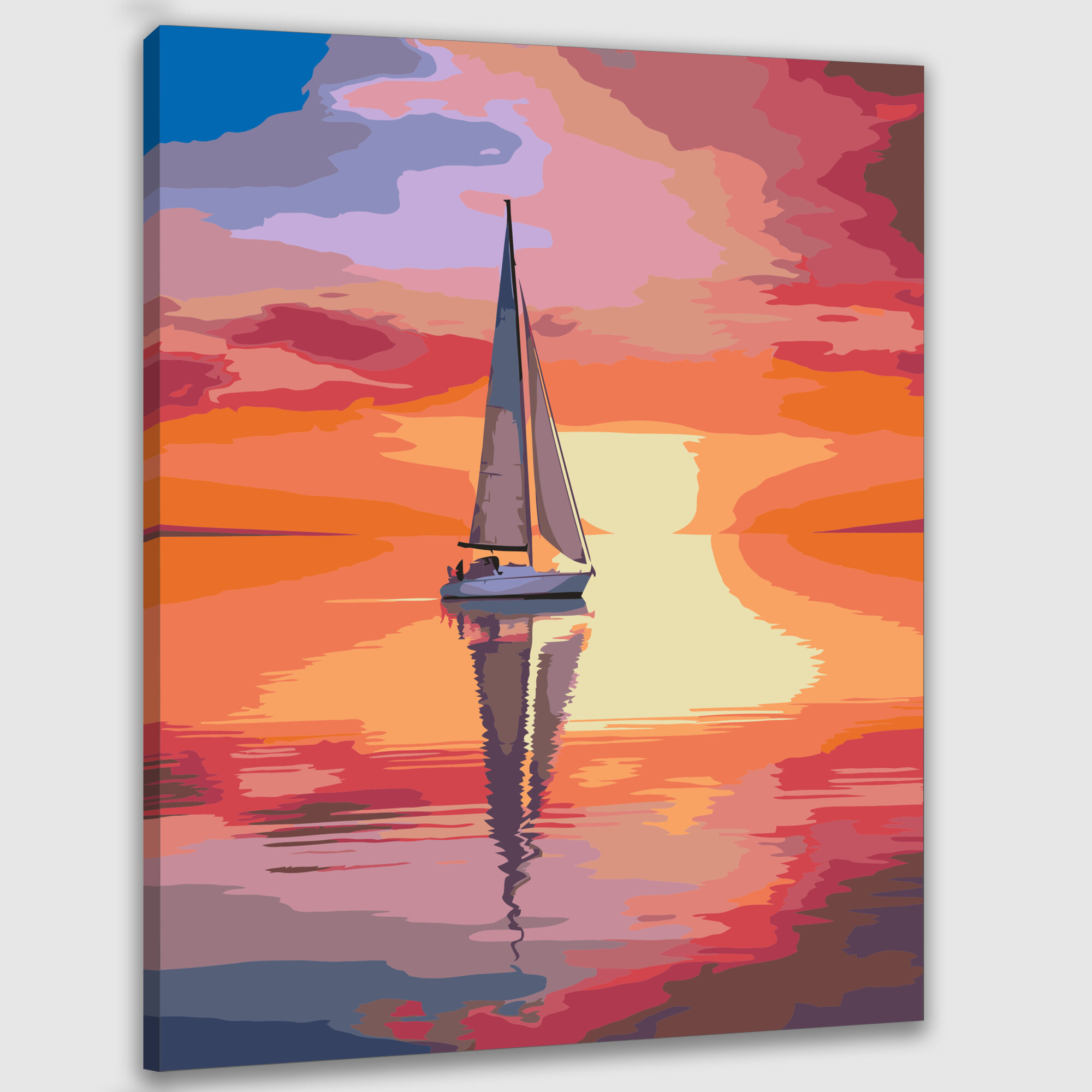 Картина по номерам 40x50 см, парусная лодка, море, закат, небо, белые паруса, отражение воды, свобода, приключения