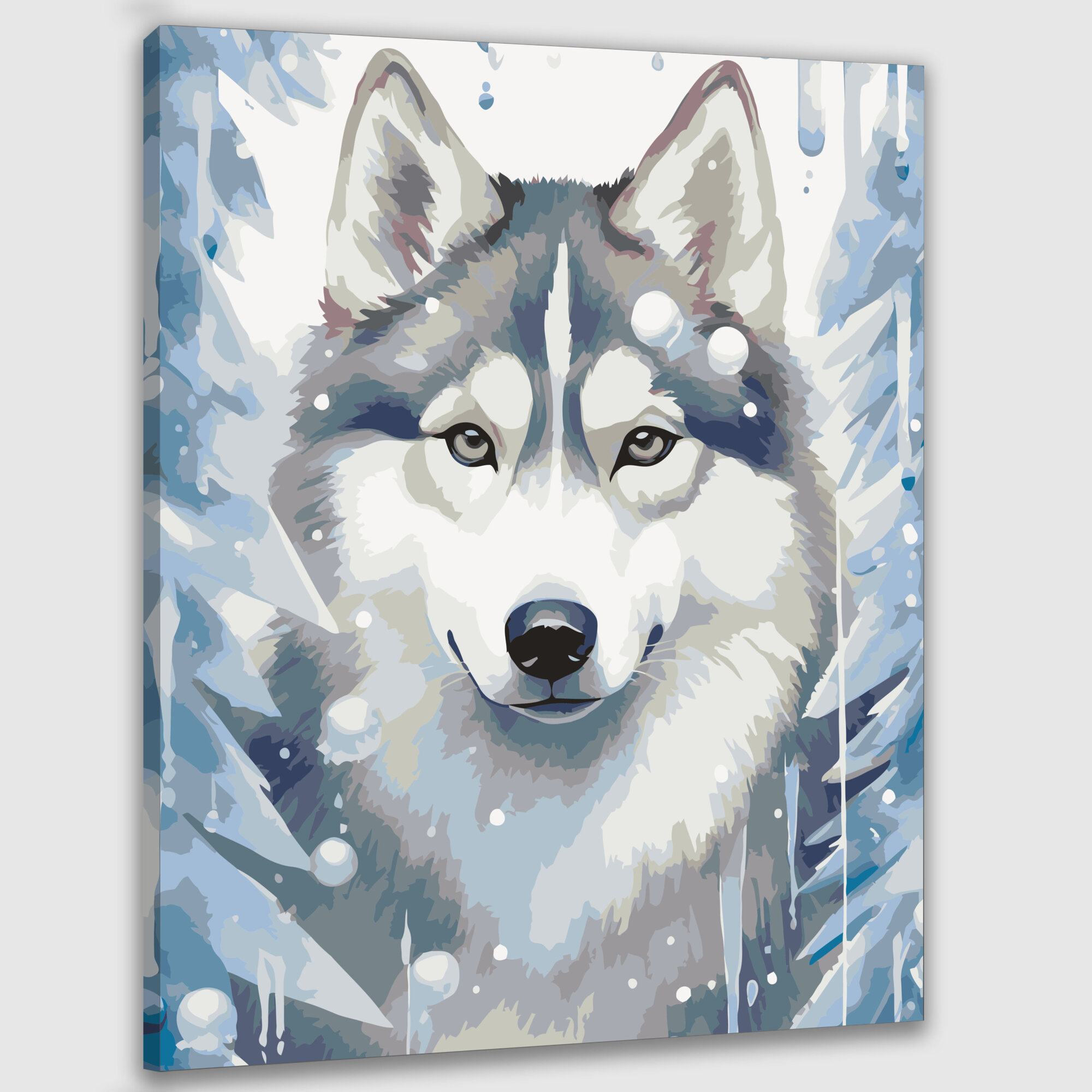 Картина по номерам 40x50 см, хаски, ледяной взгляд, акварельная иллюстрация, сосульки, заснеженные деревья