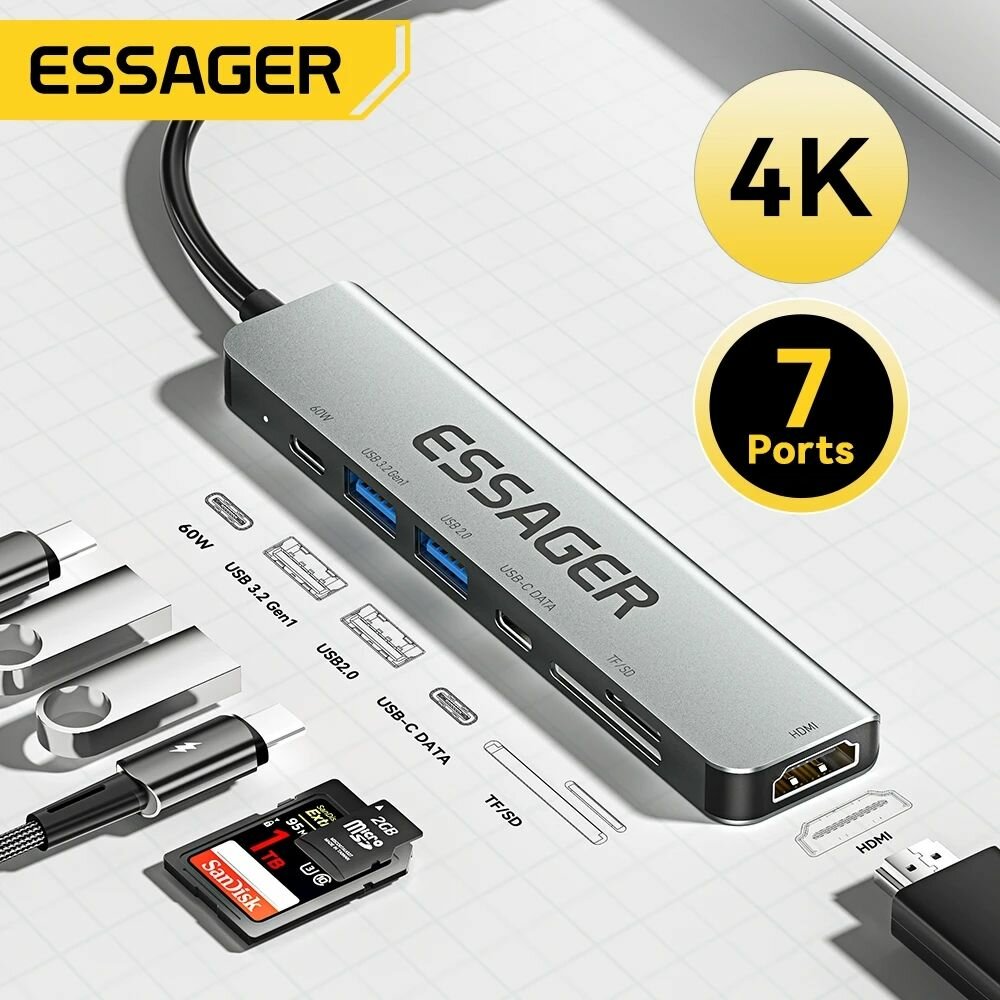Essager 7 в 1 / USB HUB / USB разветвитель / USB ХАБ / USB HUB 3.0 / USB концентратор