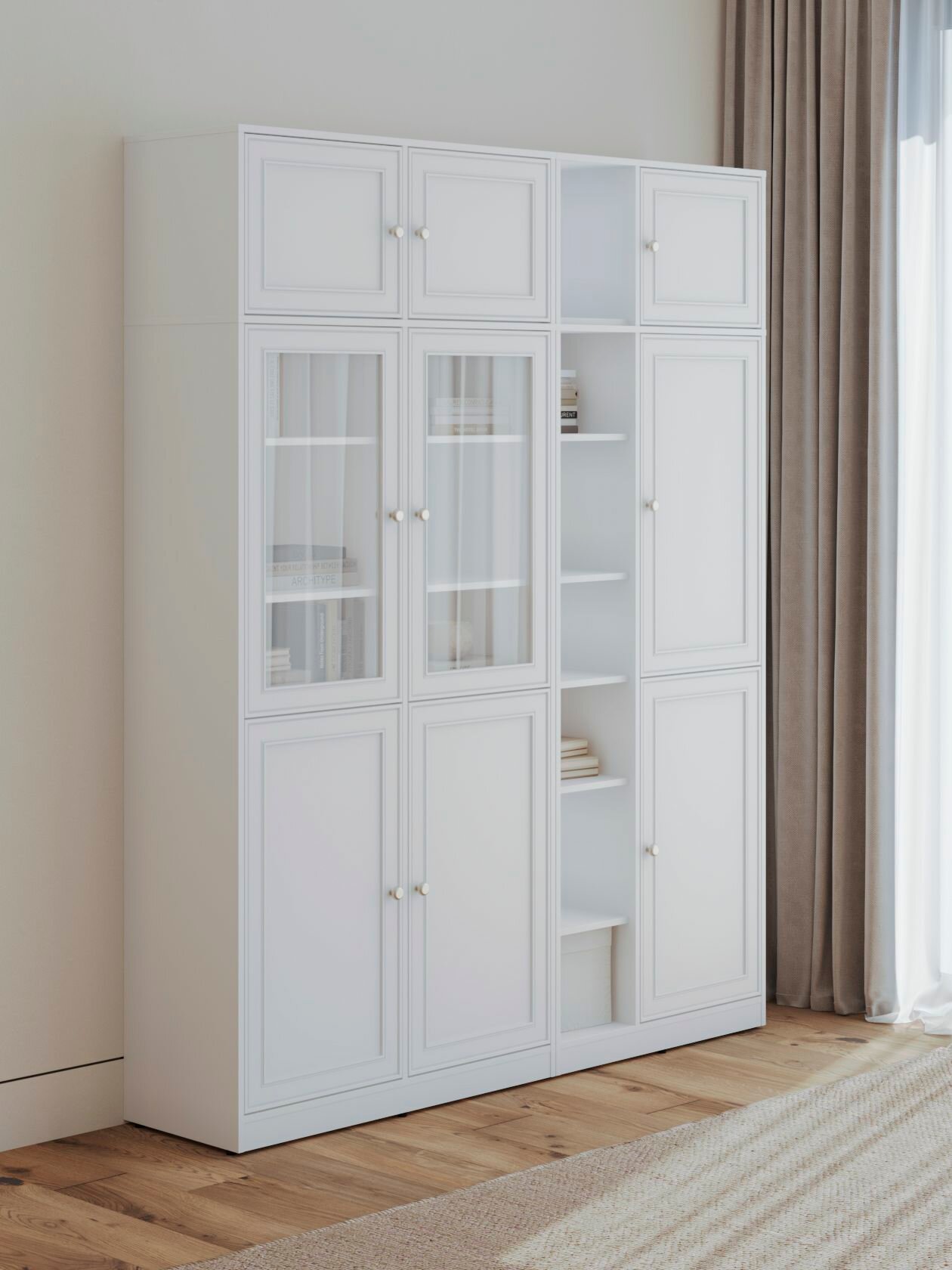 Гостиная комплект Люсиль шкаф-витрина, антресоль, шкаф 177.2х40.1х221.8 см, Белый арктик