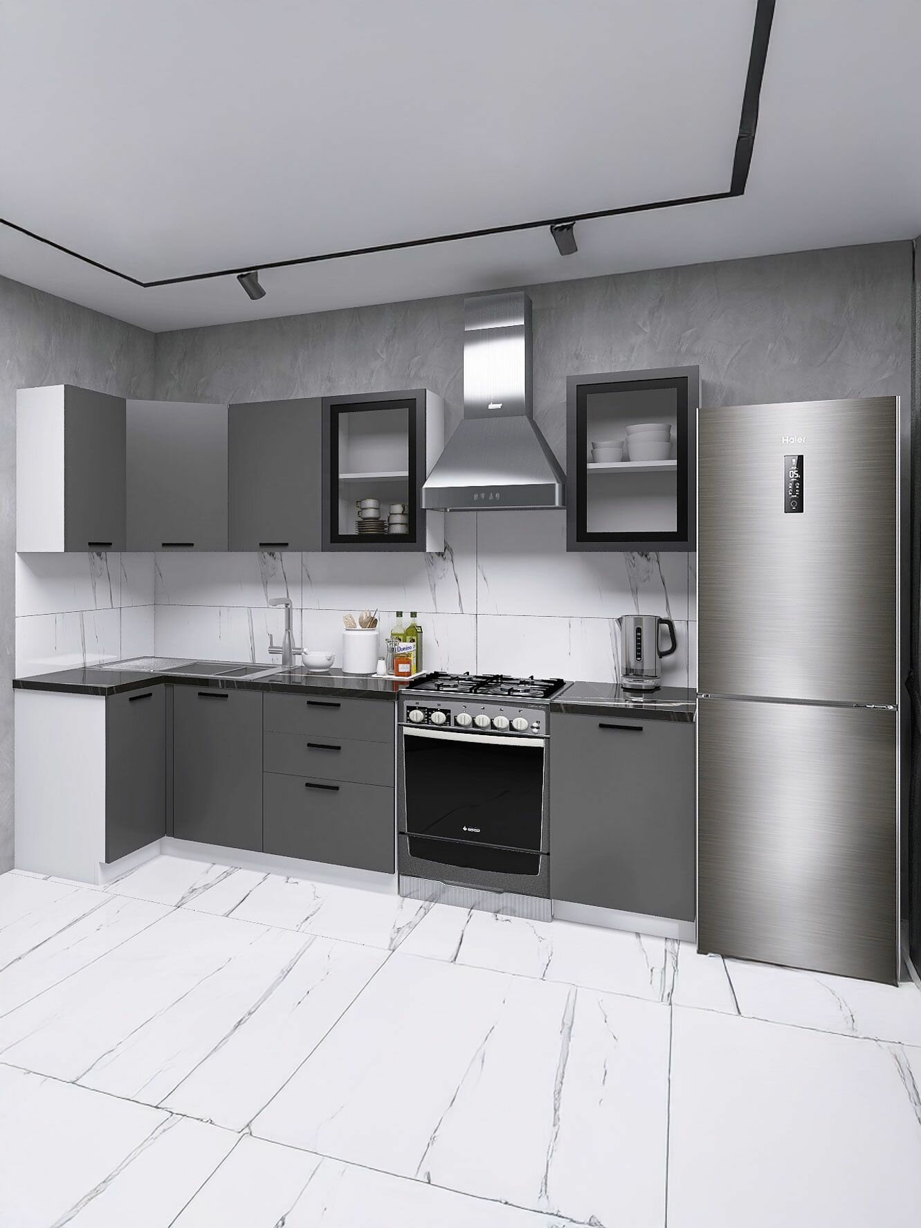 Кухонный гарнитур угловой Урбан 2.1х1 м, мебель для дома и кухни, Белый / Графит серый / Черный, стекло