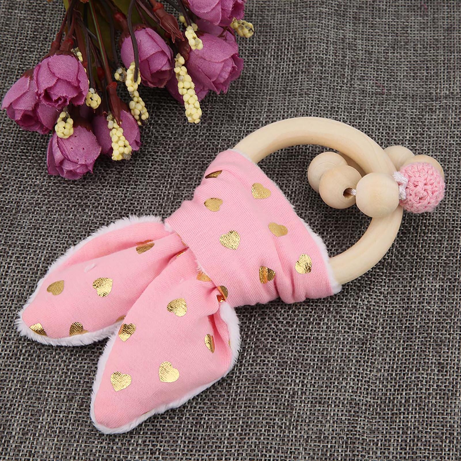 Деревянные Ручные Украшения с Многоцветными Бусами Формы Ушей Кролика для Детей Розовый, Голубой, Белый, Серый, Многоцветный Размер 7см, Материал Резиновые Бусы и Солидные Деревянные Бусы, Для Детей 0-3 Лет, 1 Шт.