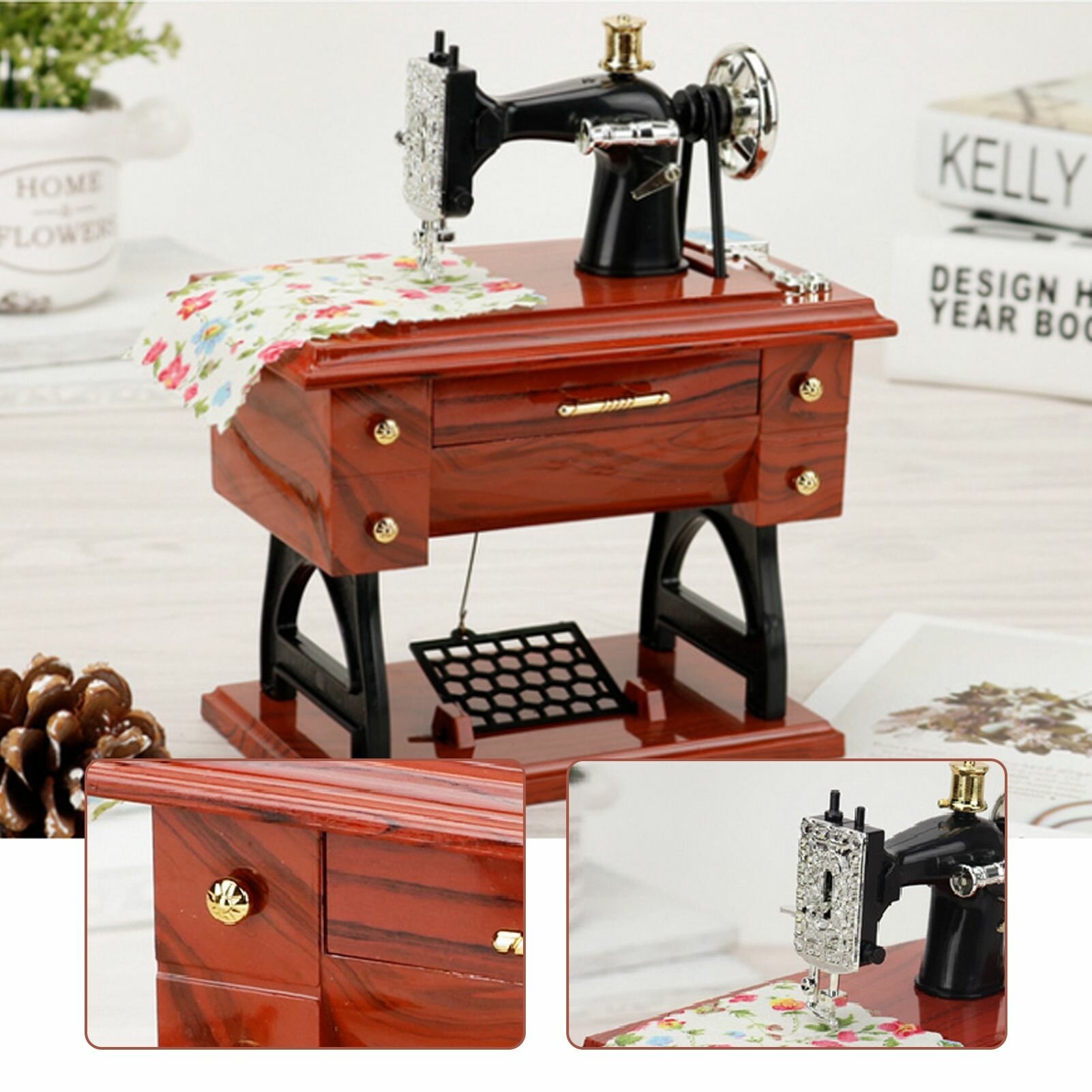 Музыкальная шкатулка ретро в виде швейной машины с деревянной текстурой, механический механизм, 12x7.5x16 см