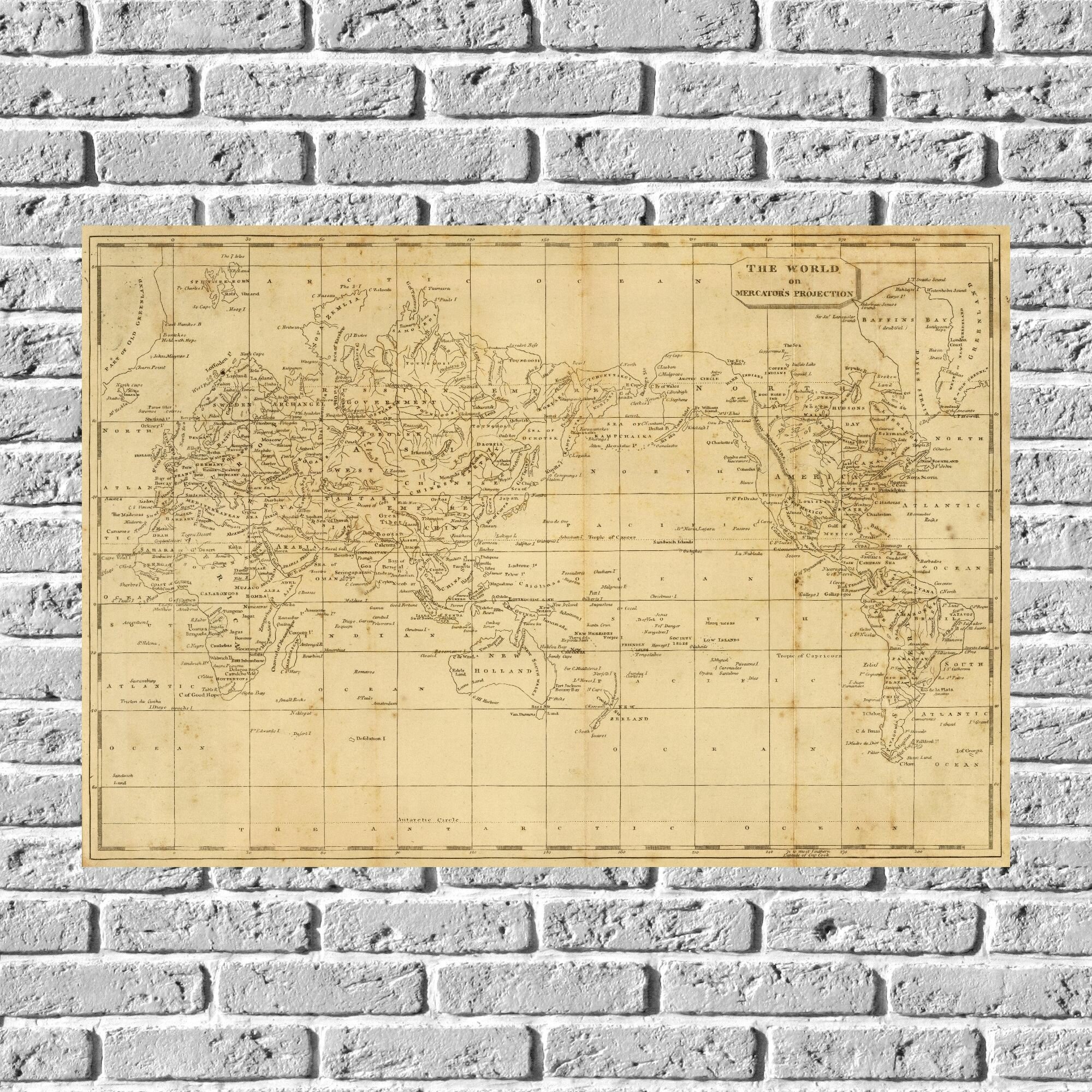 Старинная, 1812 года карта мира World Mercator's projection.