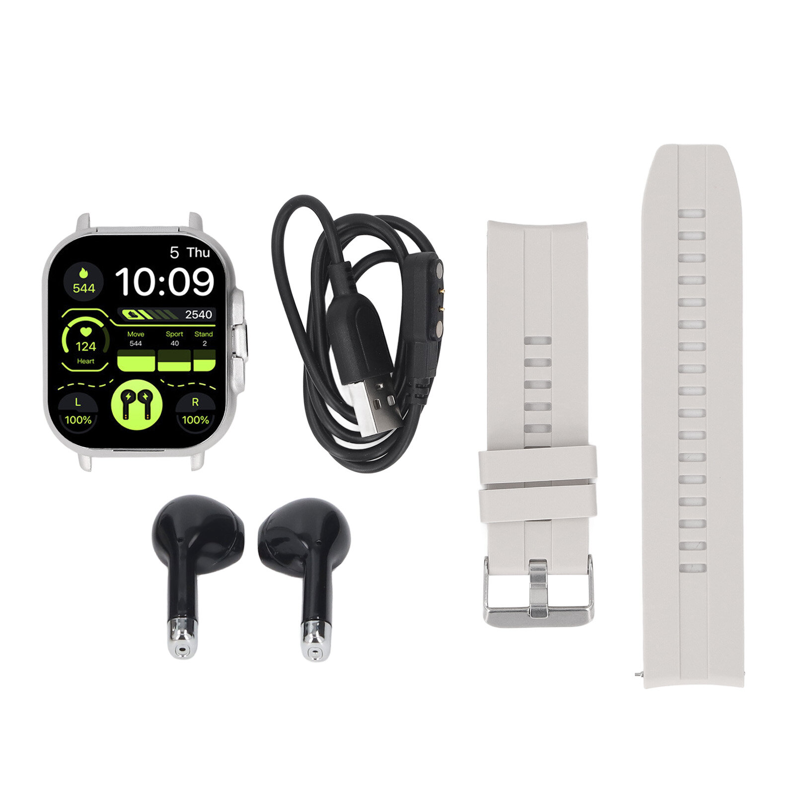 2 in 1 Smart Watch with Earbuds 2.01 Inch HD Touch Screen Bluetooth Call Fitness Tracker Sports for IOS Android Silver