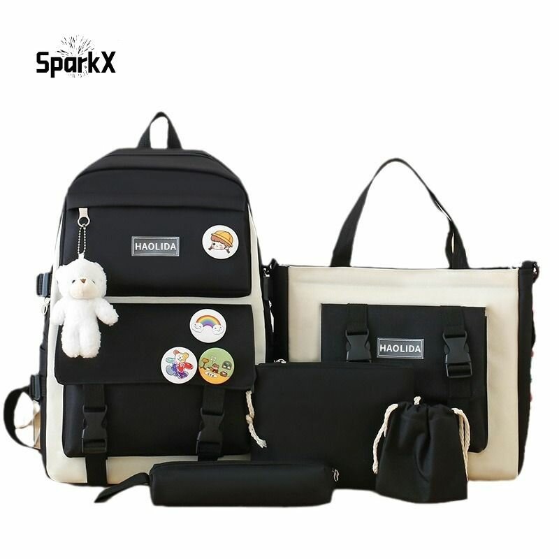 Харадзюку Рюкзак Комплект 5 в 1 (Большой Объем) - Молодежный Набор для Школы/Колледжа с Модулями, Графический Дизайн, Водонепроницаемый (Студенческий Стиль 2025)