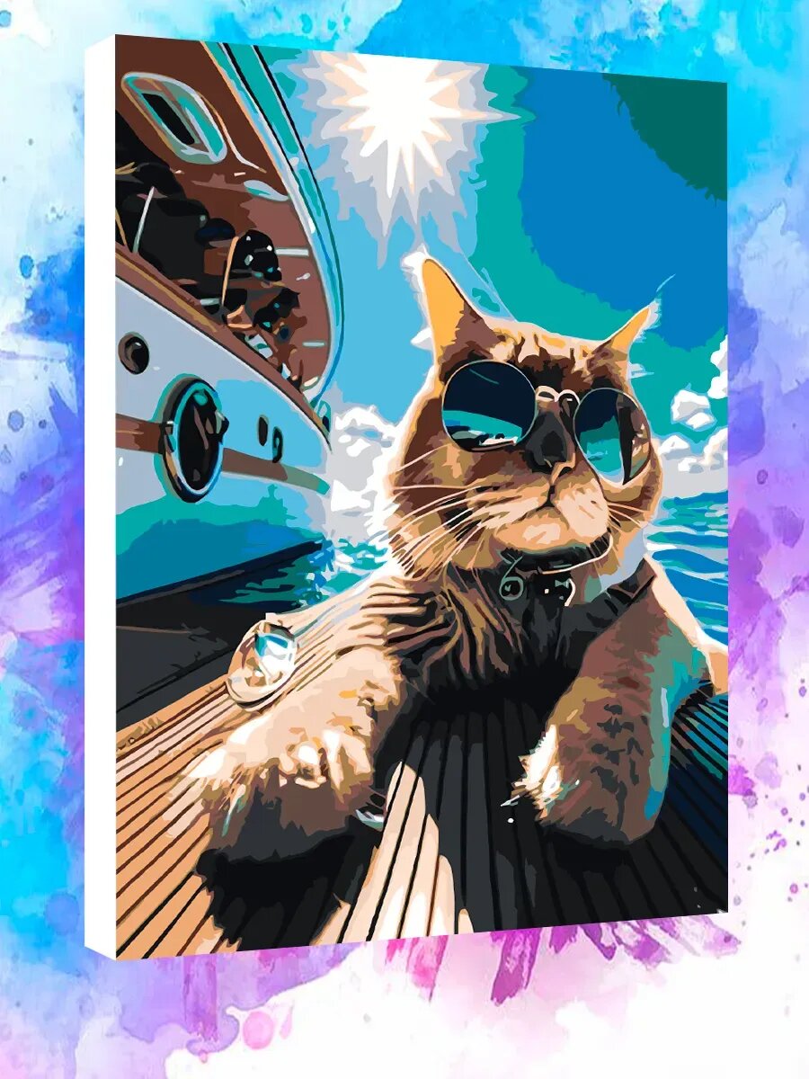 Картина по номерам Кот Яхта Море Мем